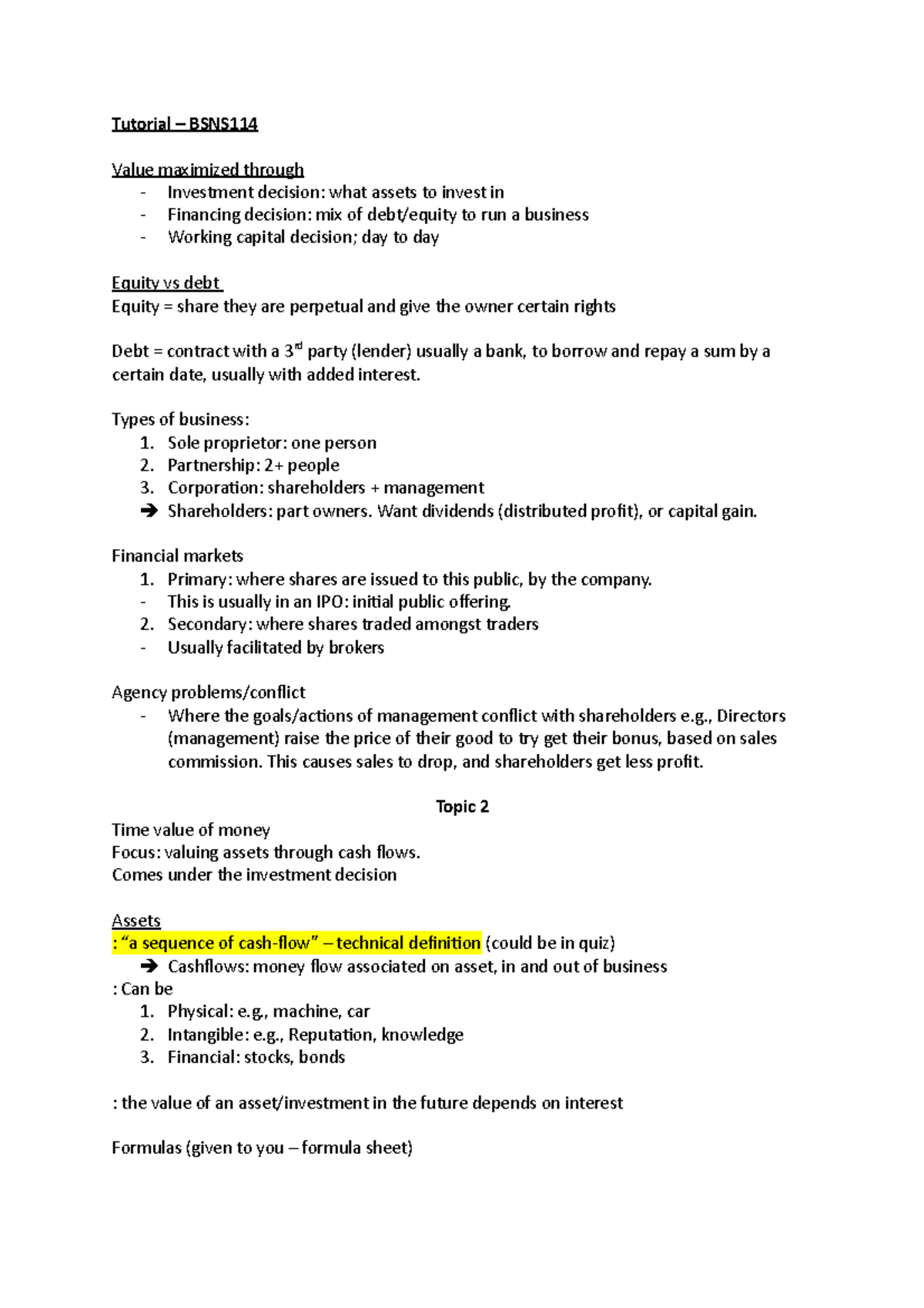 Tutorial bsns114 - notes - Tutorial – BSNS Value maximized through ...