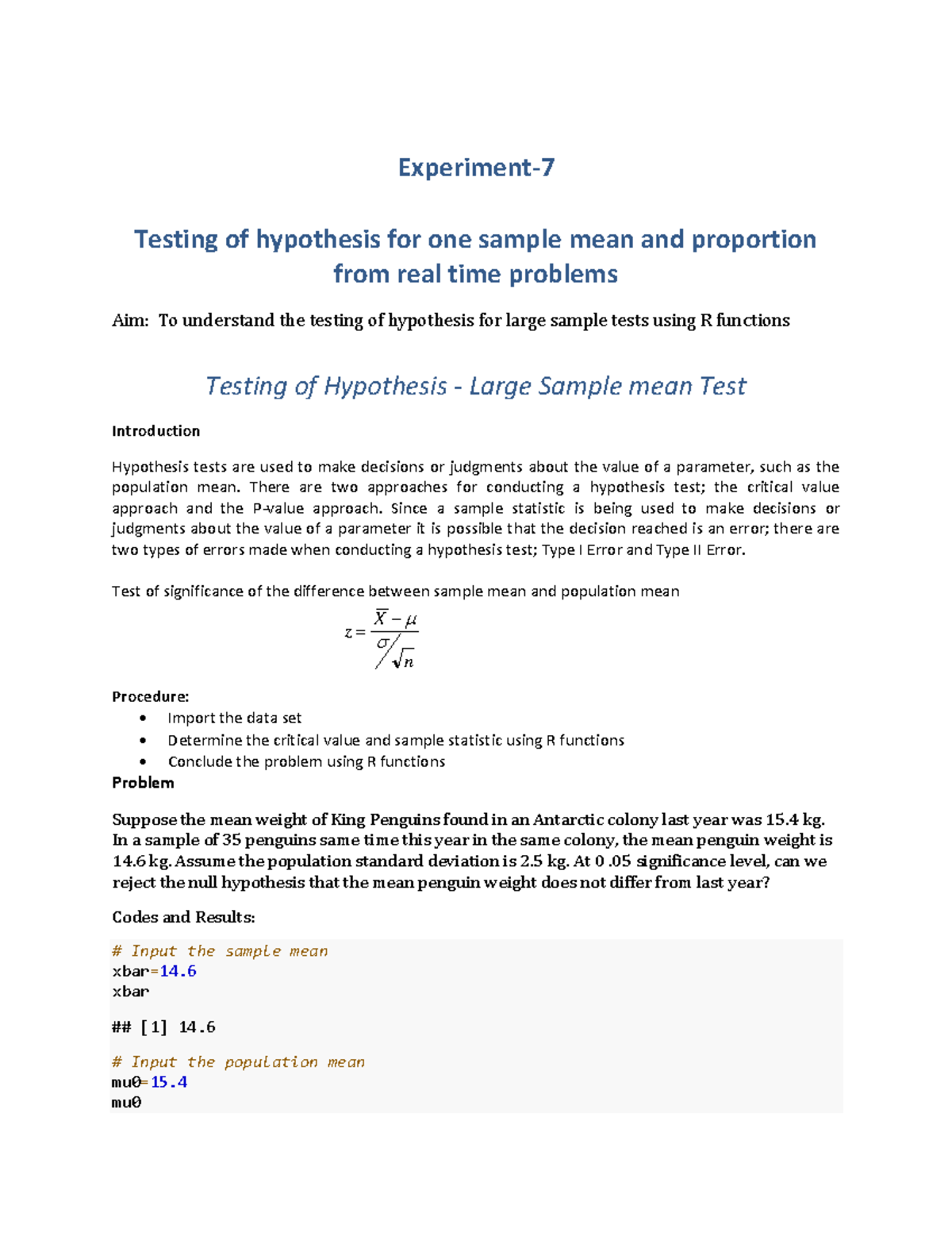 Experiment-7 - Experiment 1 - Experiment- Testing of hypothesis for one ...