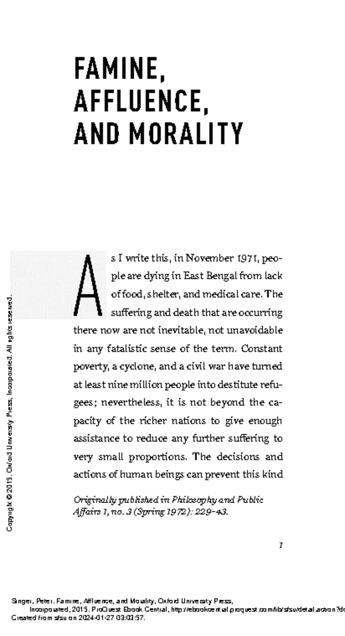 Excerpts from “Famine, Affluence, and Morality” by Peter Singer - 1 A s ...