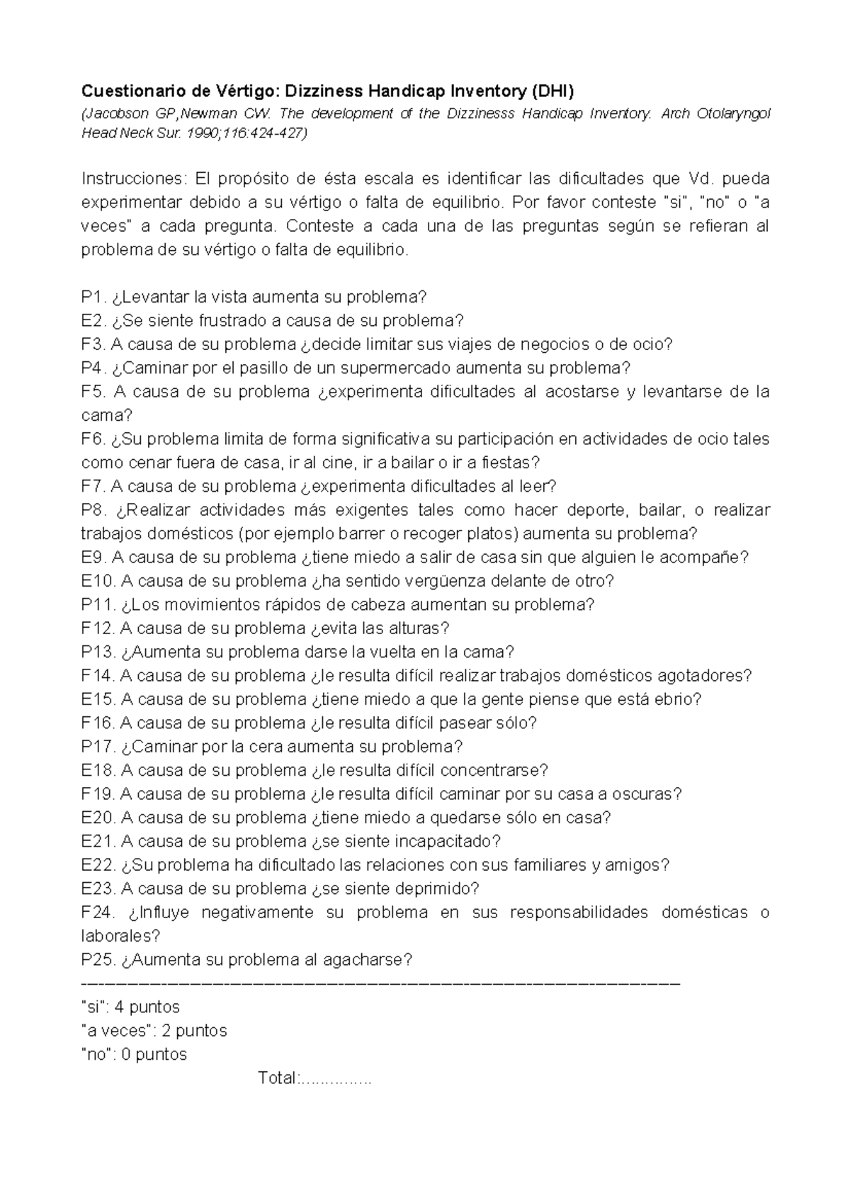 DHI - Pauta - Cuestionario de Vértigo: Dizziness Handicap Inventory ...