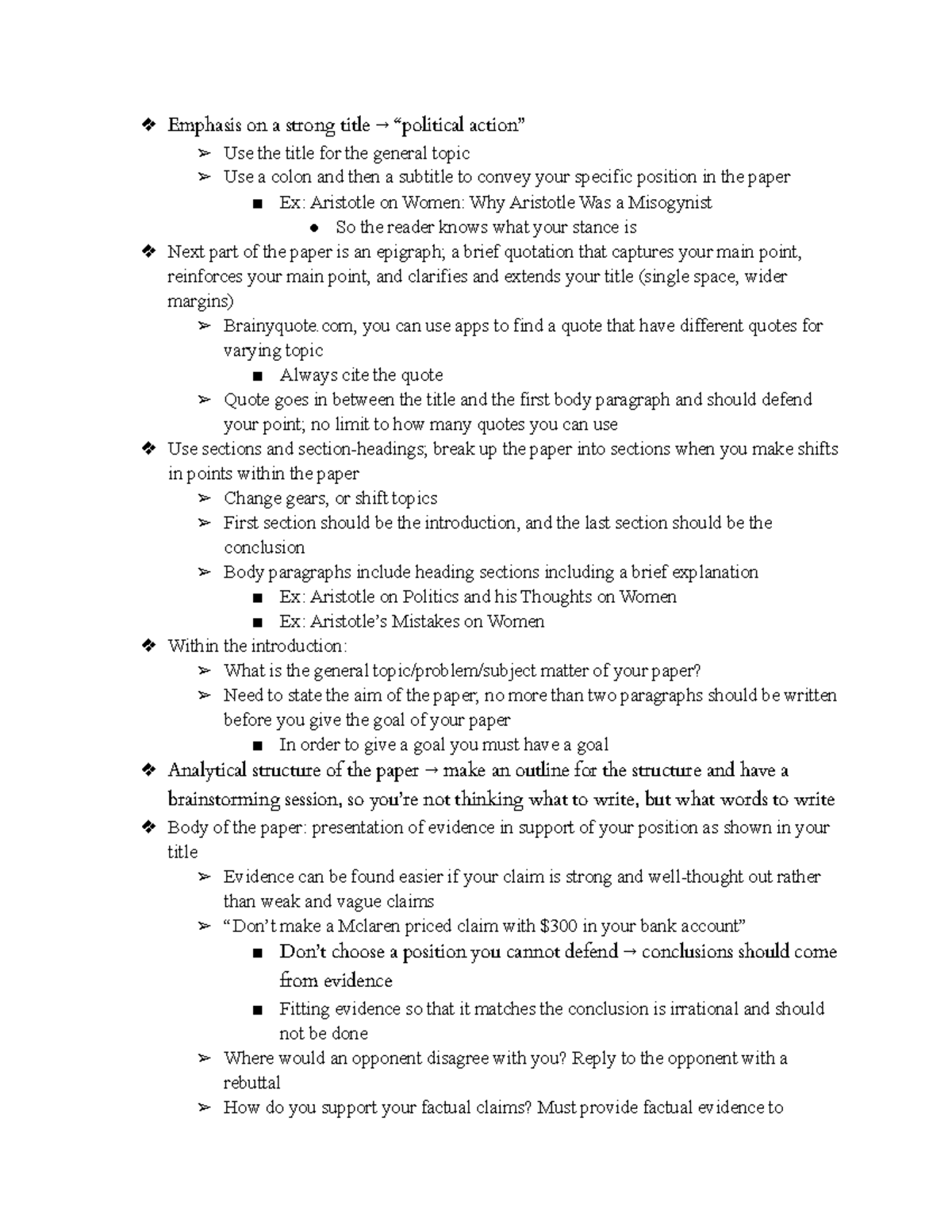 PLSI 275 Writing Notes - Emphasis on a strong title → “political action ...