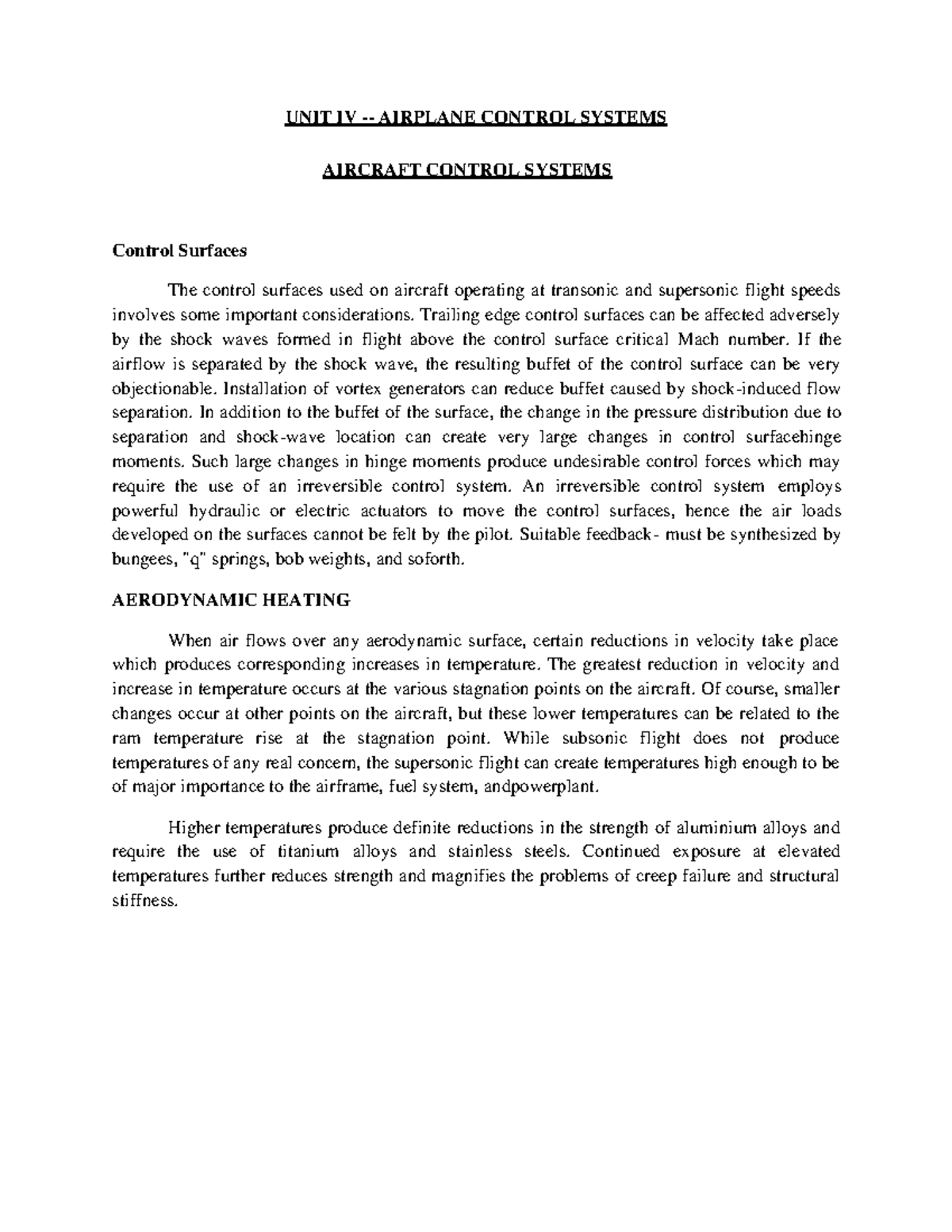 Aircraft Control Systems notes - UNIT IV - AIRPLANE CONTROL SYSTEMS ...