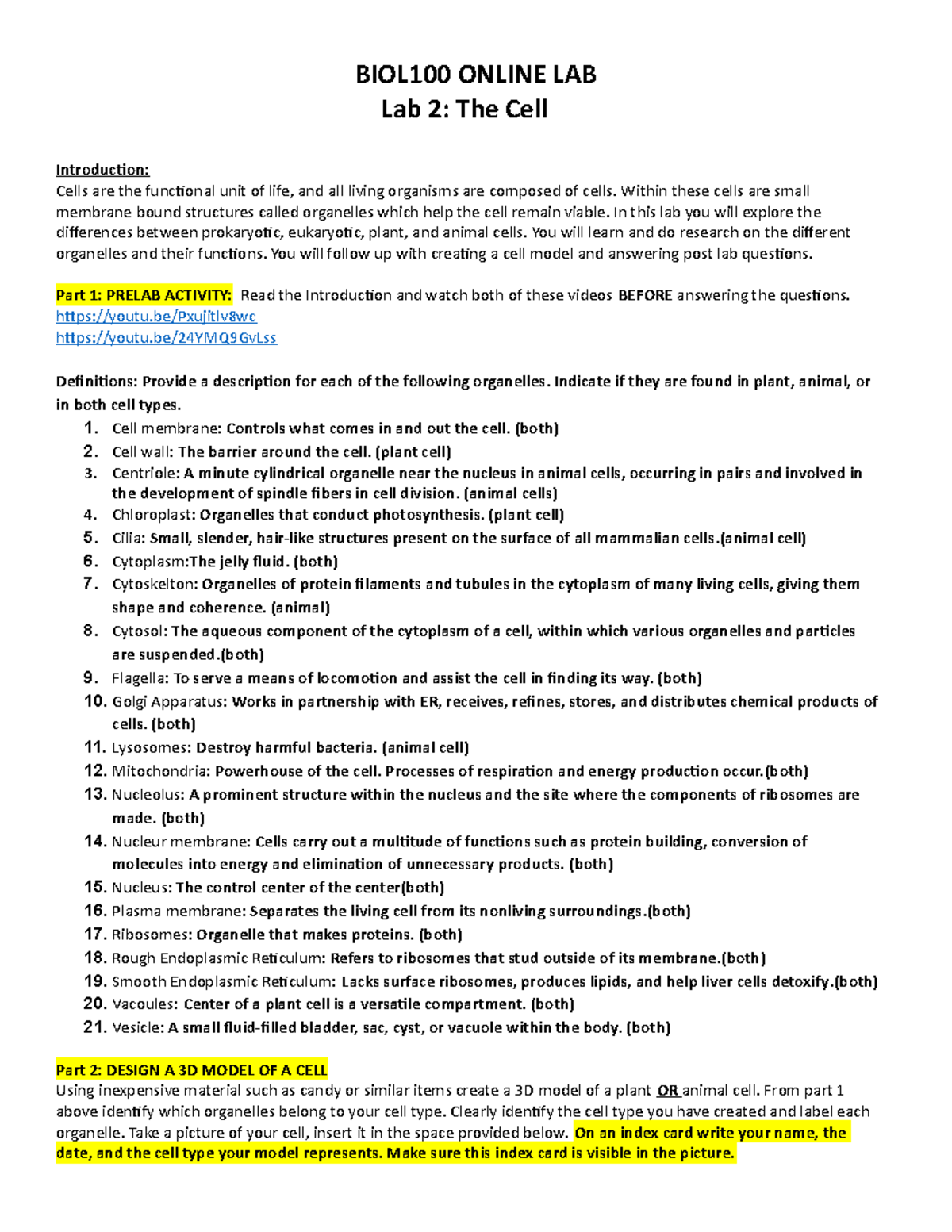 BIOL100 LAB2- THE CELL - BIOL100 ONLINE LAB Lab 2: The Cell ...