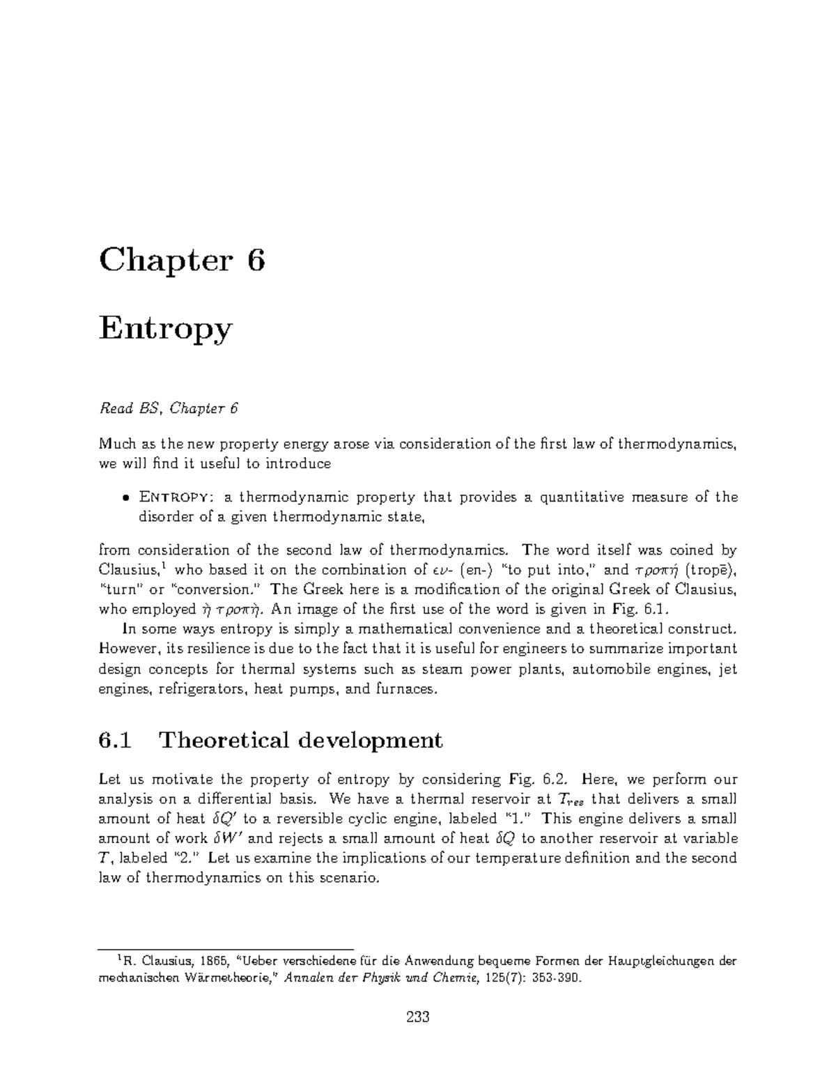 Thermodynamics - Lecture notes 1 - Chapter 6 Entropy Read BS, Chapter 6 ...