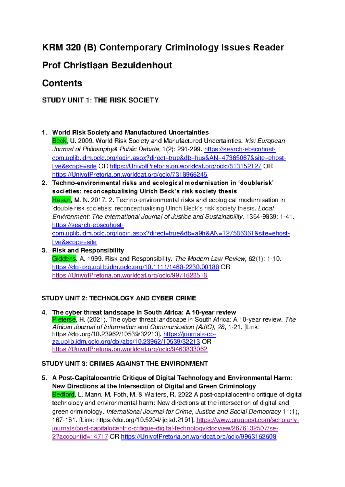 KRM 320 Reader Sept 2024 ABF - KRM 320 (B) Contemporary Criminology Issues Reader Prof ...