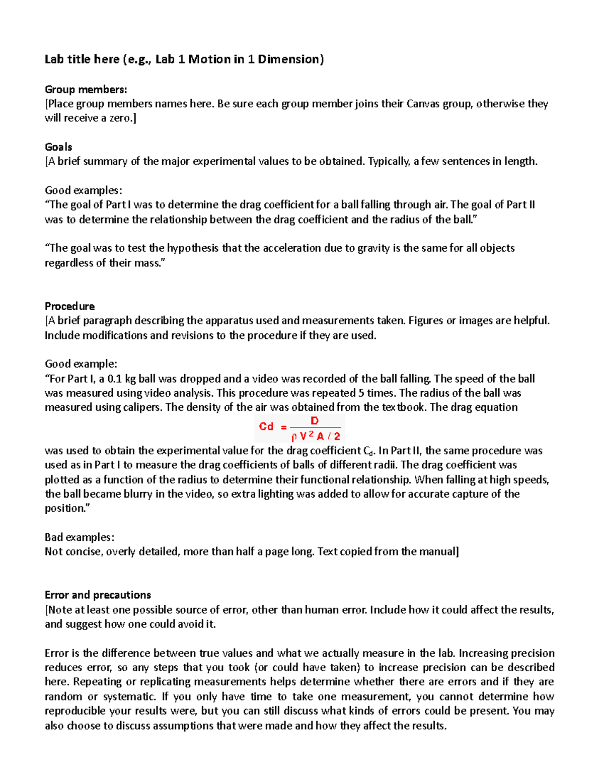 PHYS Lab Report Template - Lab title here (e., Lab 1 Motion in 1 ...