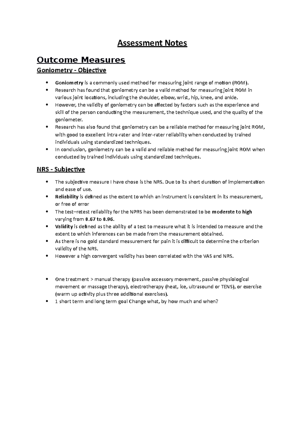 Assessment Focused Notes - Assessment Notes Outcome Measures Goniometry ...