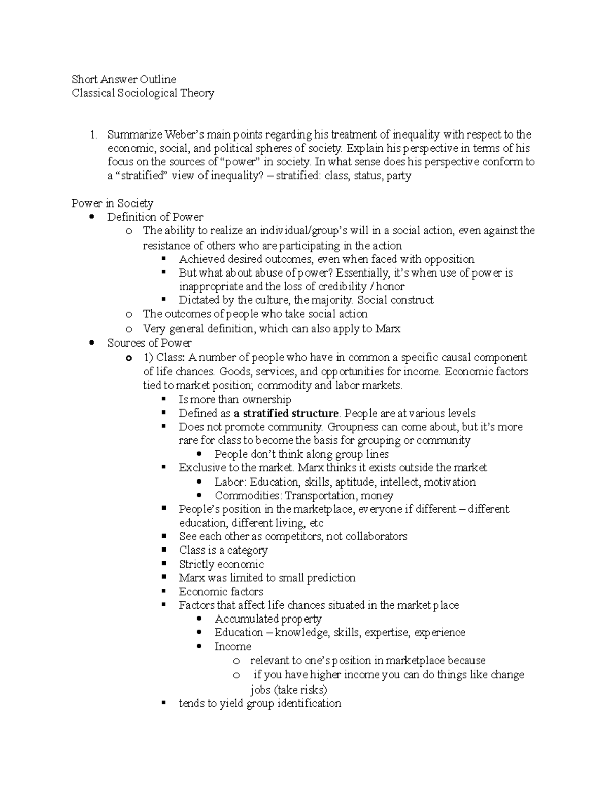 Short Answer Outline soc final - Short Answer Outline Classical Sociological Theory Summarize ...
