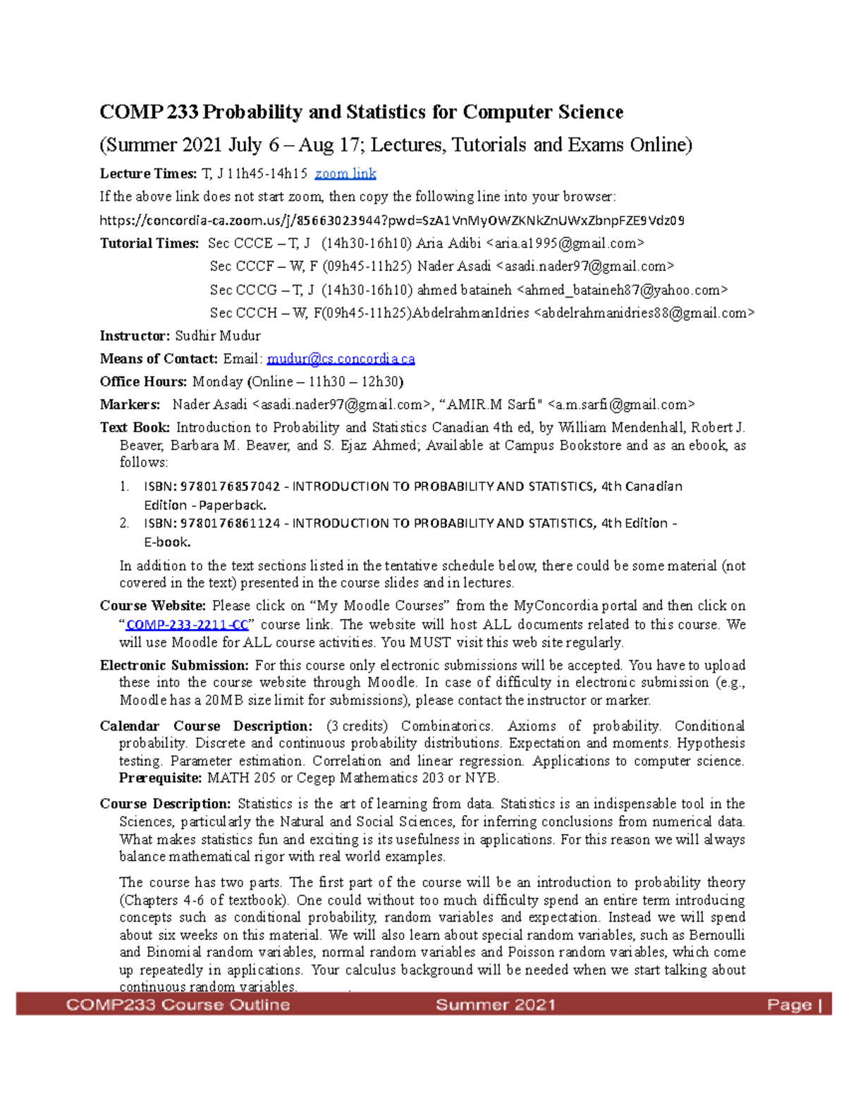 Course Description COMP 233 S21 - COMP 233 Probability and Statistics for Computer Science ...