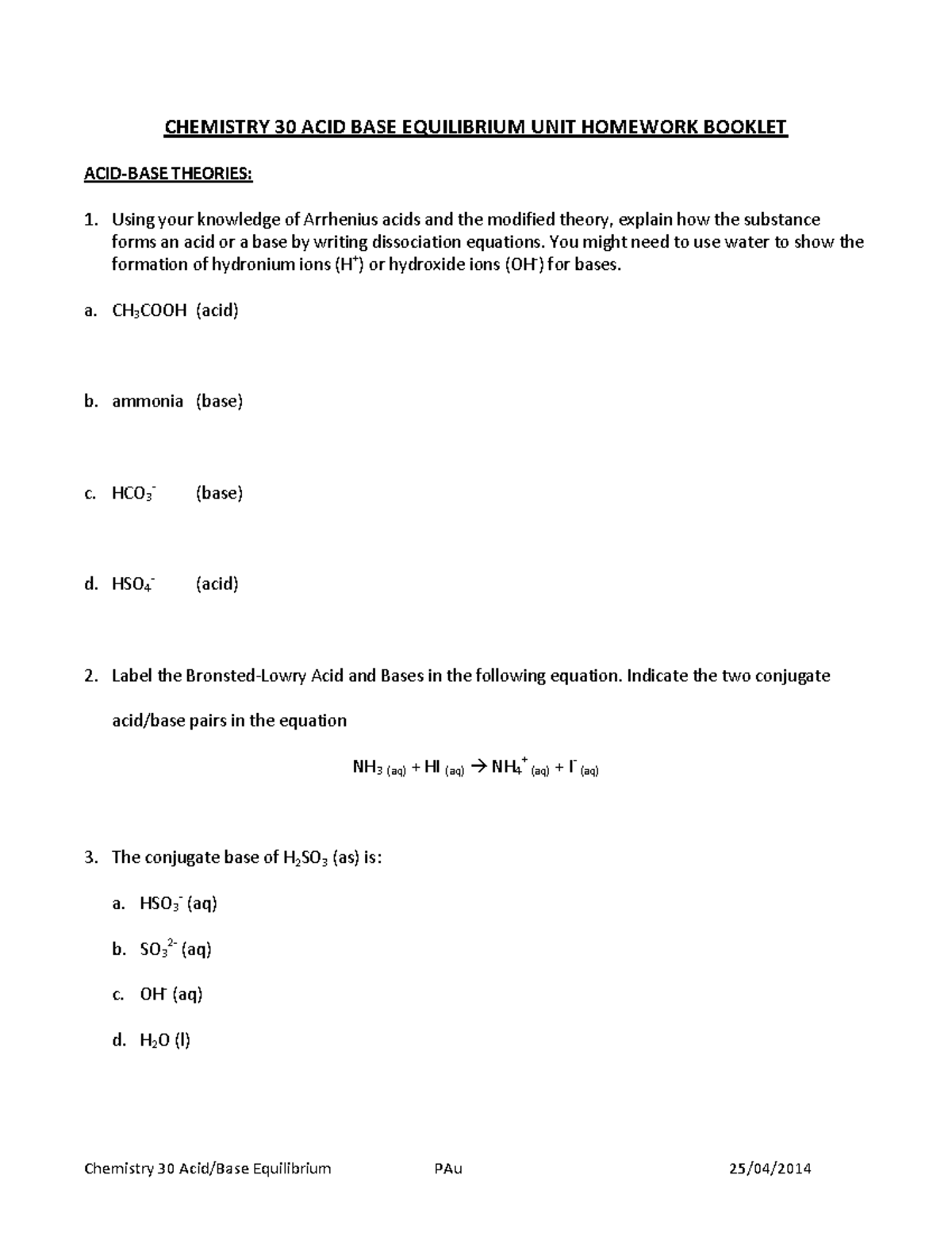 ACID BASE Equilibrium UNIT Homework Booklet most recent - CHEMISTRY 30 ...