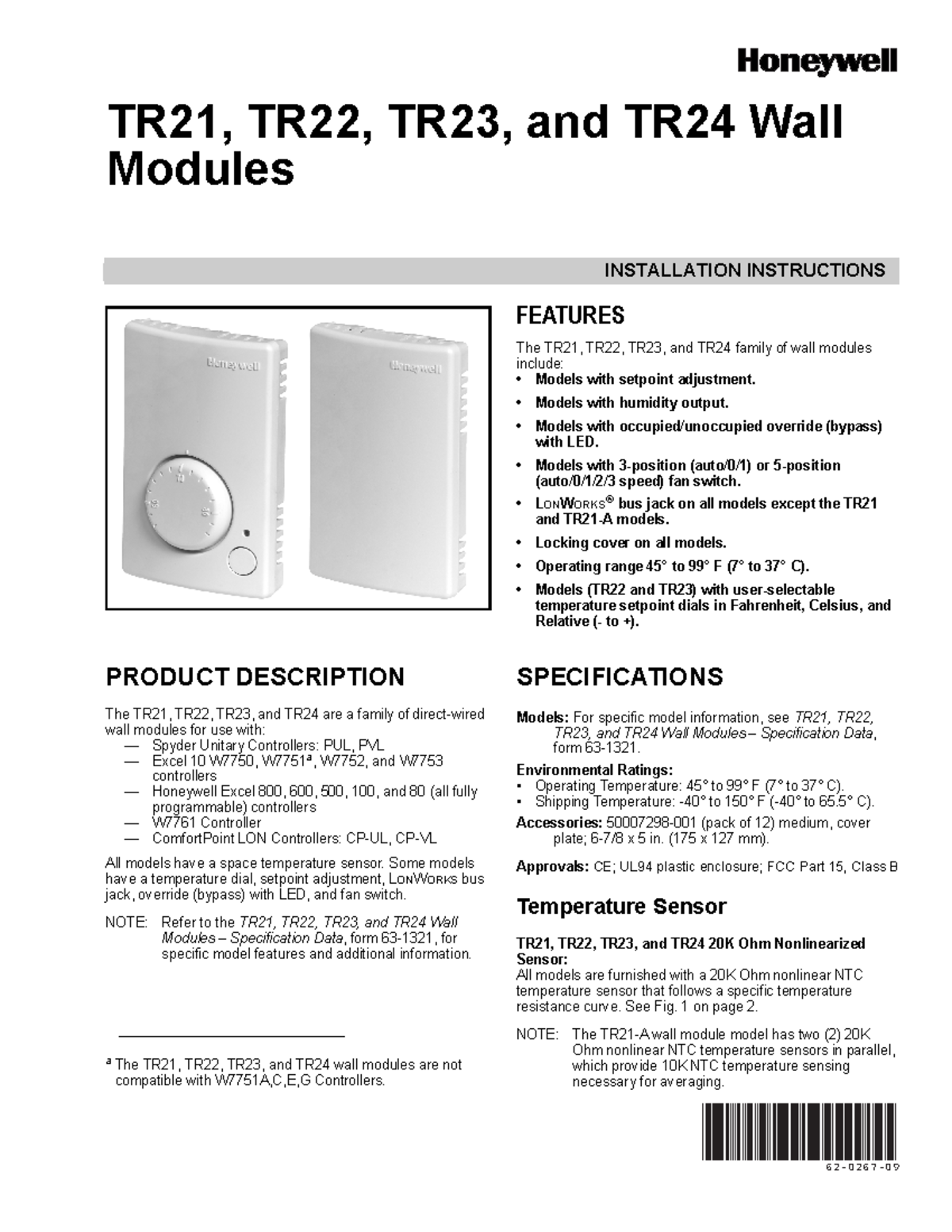 Honeywell TR21 (01) - INSTALLATION INSTRUCTIONS 62-0267- TR21, TR22 ...