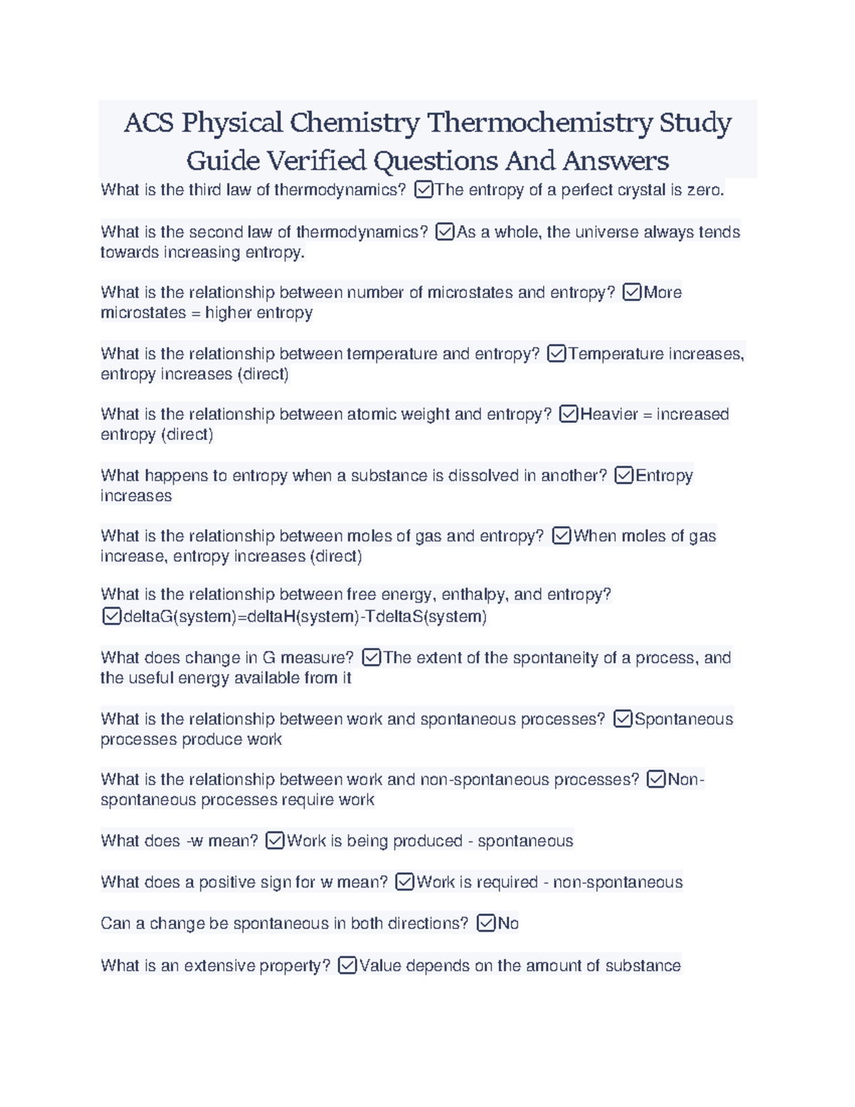 ACS Physical Chemistry Thermochemistry Study Guide Verified Questions ...