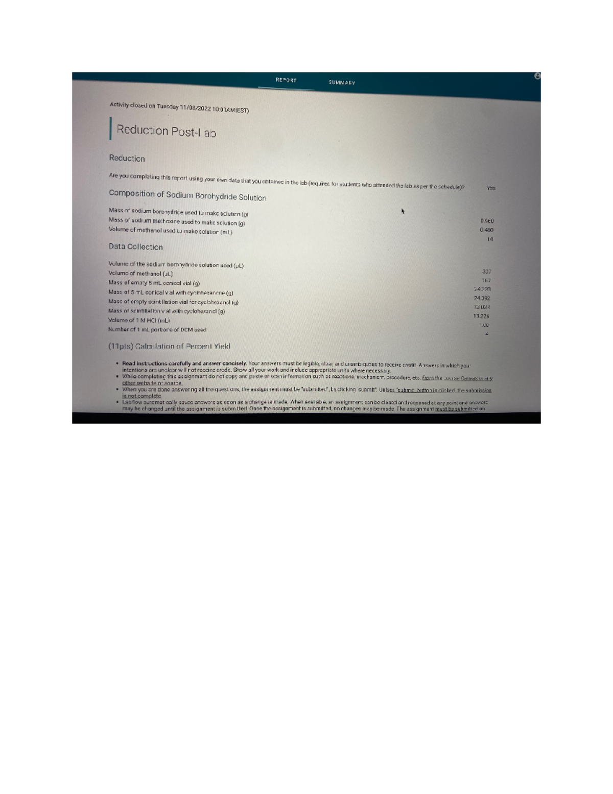 Reduction post lab - che 231 lab - REPORT in vial for cyclohexanol (g ...