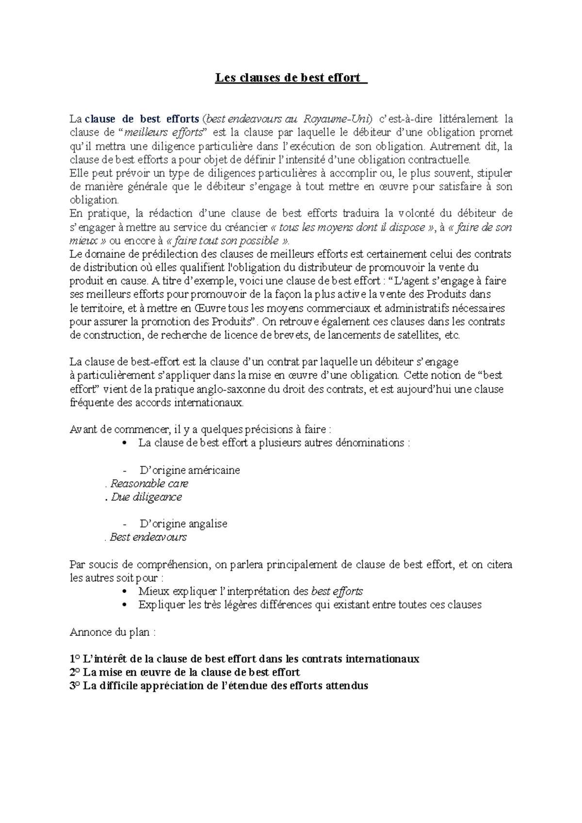 Exposé best efforts Diasinos et Tracou - Les clauses de best effort La ...