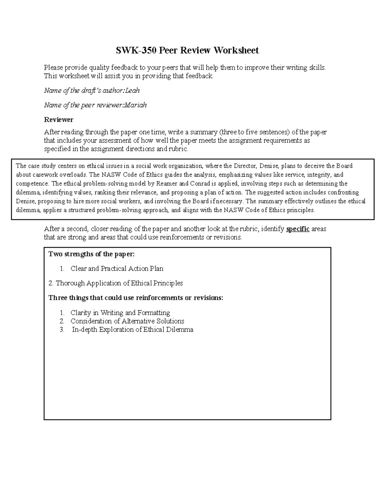 SWK-350 T3 Peer Review Wksht - SWK-350 Peer Review Worksheet Please ...