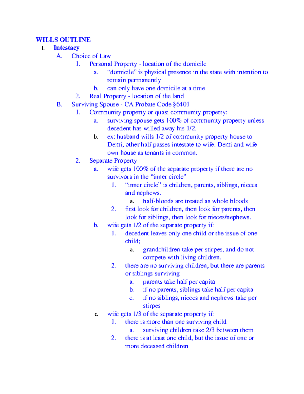 Wills Outline 19 pages B - WILLS OUTLINE I. Intestacy A. Choice of Law ...