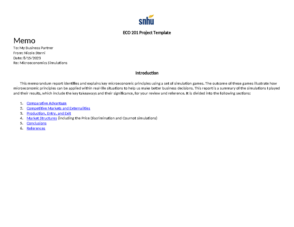 ECO 201 Project - ECO 201 Project Template Memo To: My Business Partner ...