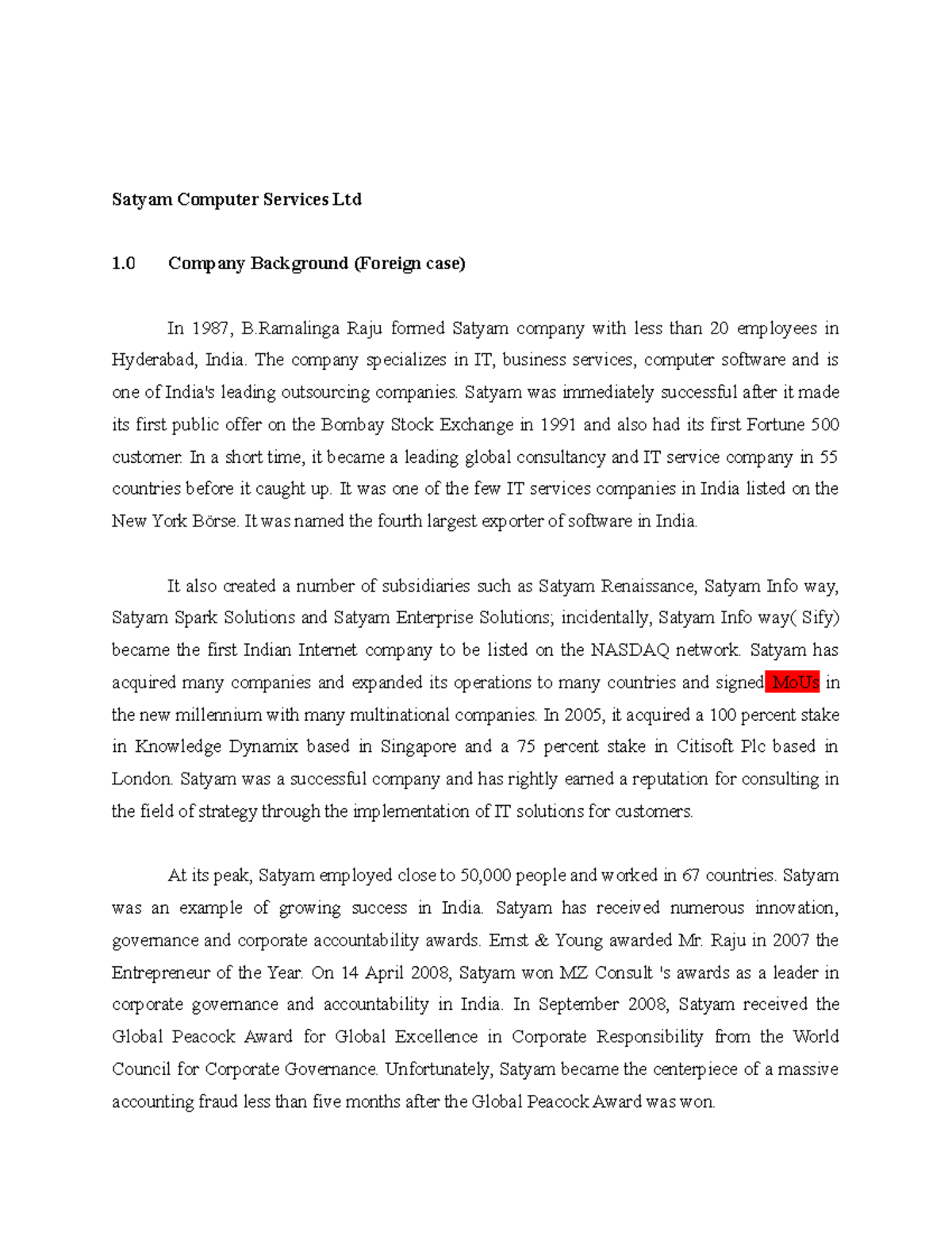 Audit Assignment Report (Fraud Case) - Satyam Computer Services Ltd 1 ...