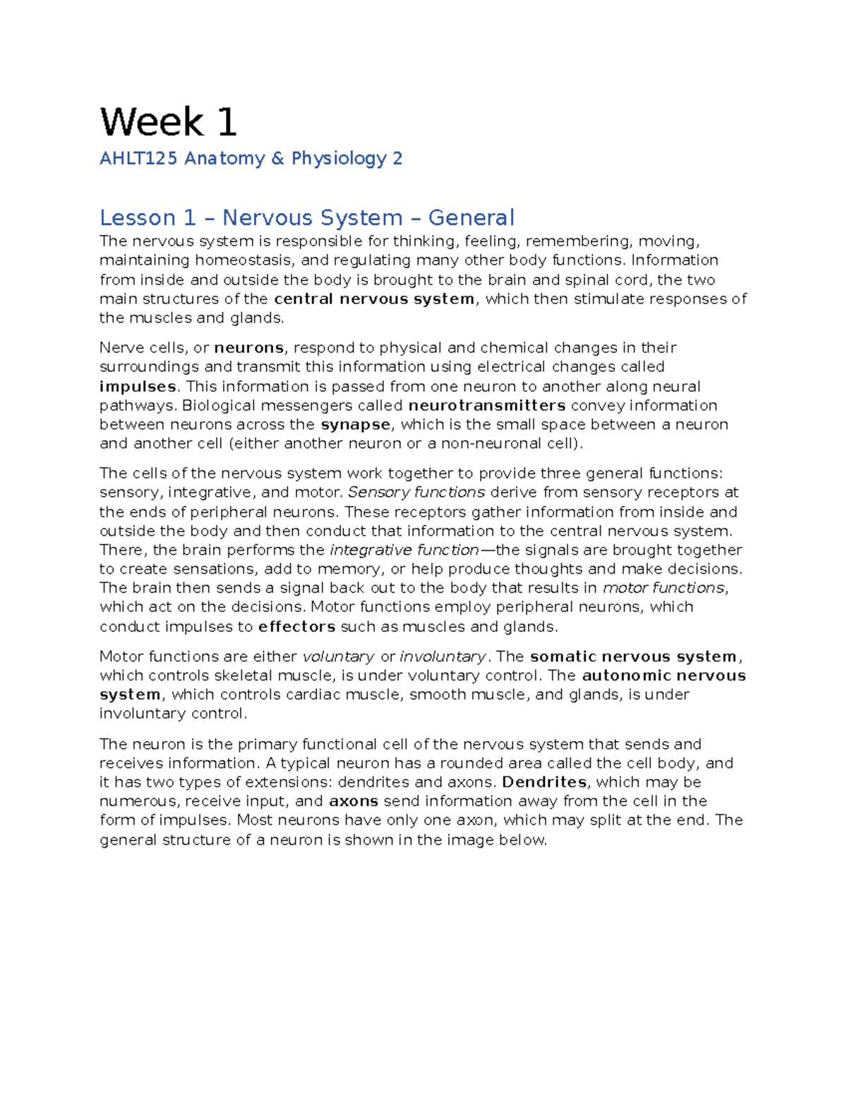 Lecture notes on chapter one - Week 1 AHLT125 Anatomy & Physiology 2 ...