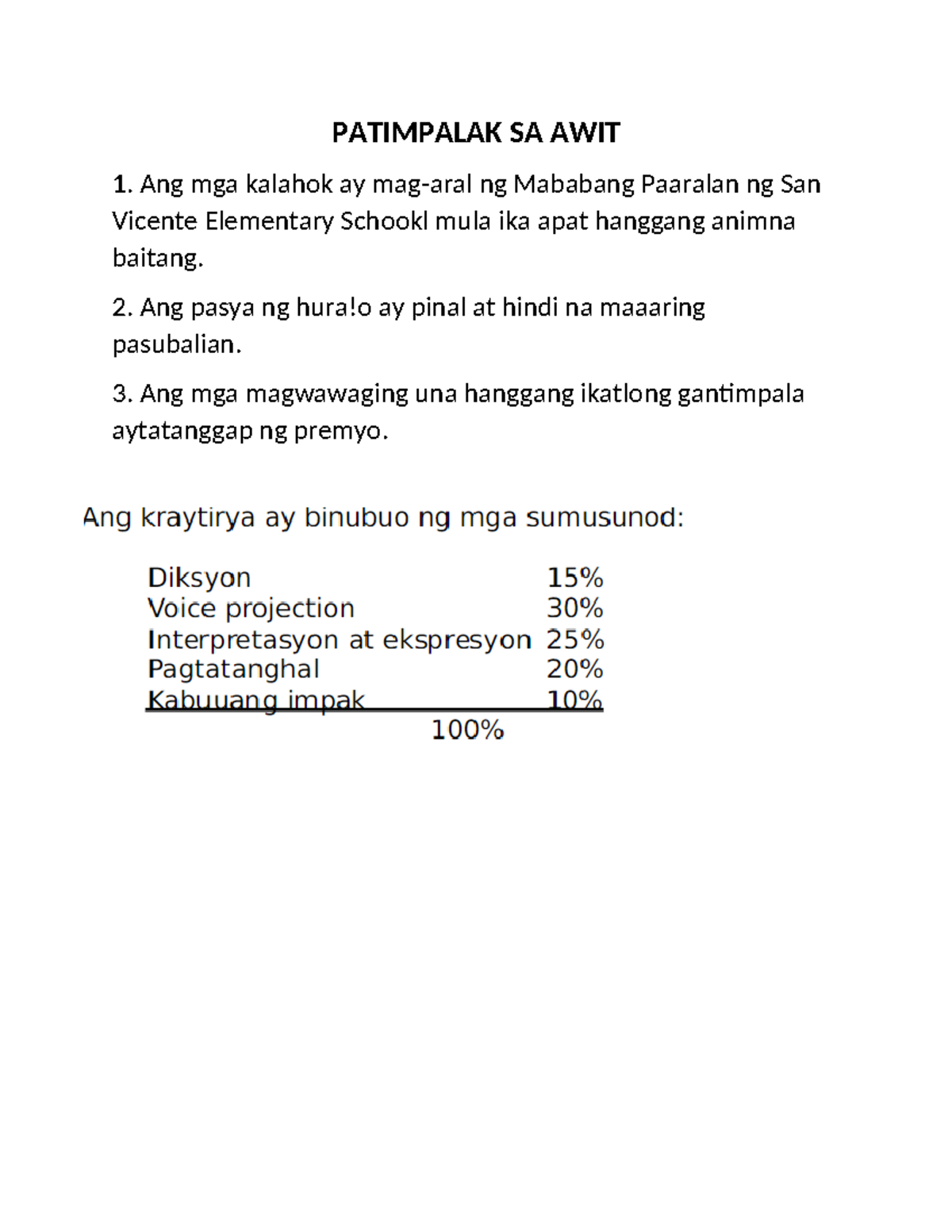 Patimpalak SA AWIT - ffff - PATIMPALAK SA AWIT 1. Ang mga kalahok ay ...