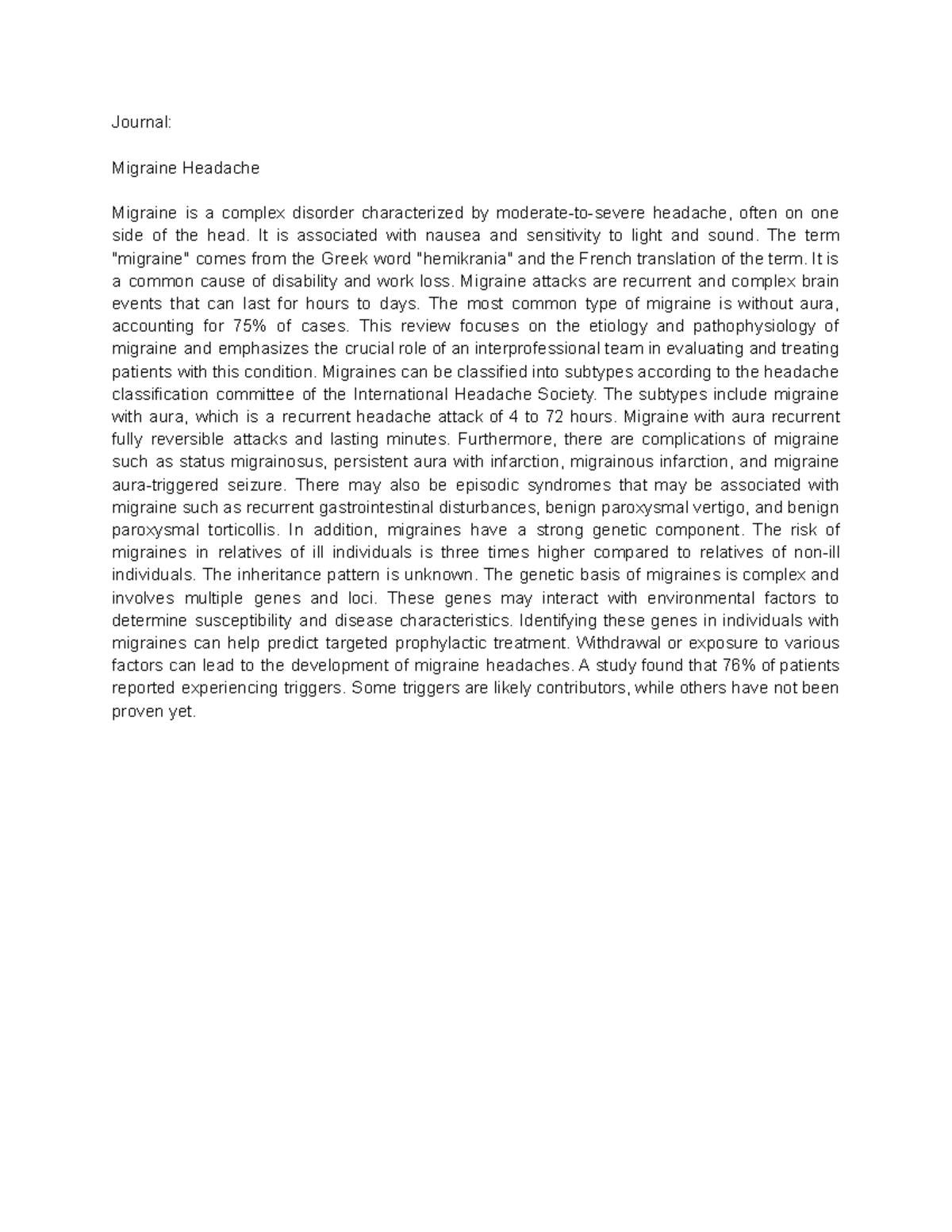 Migraine Journal - Journal: Migraine Headache Migraine is a complex ...