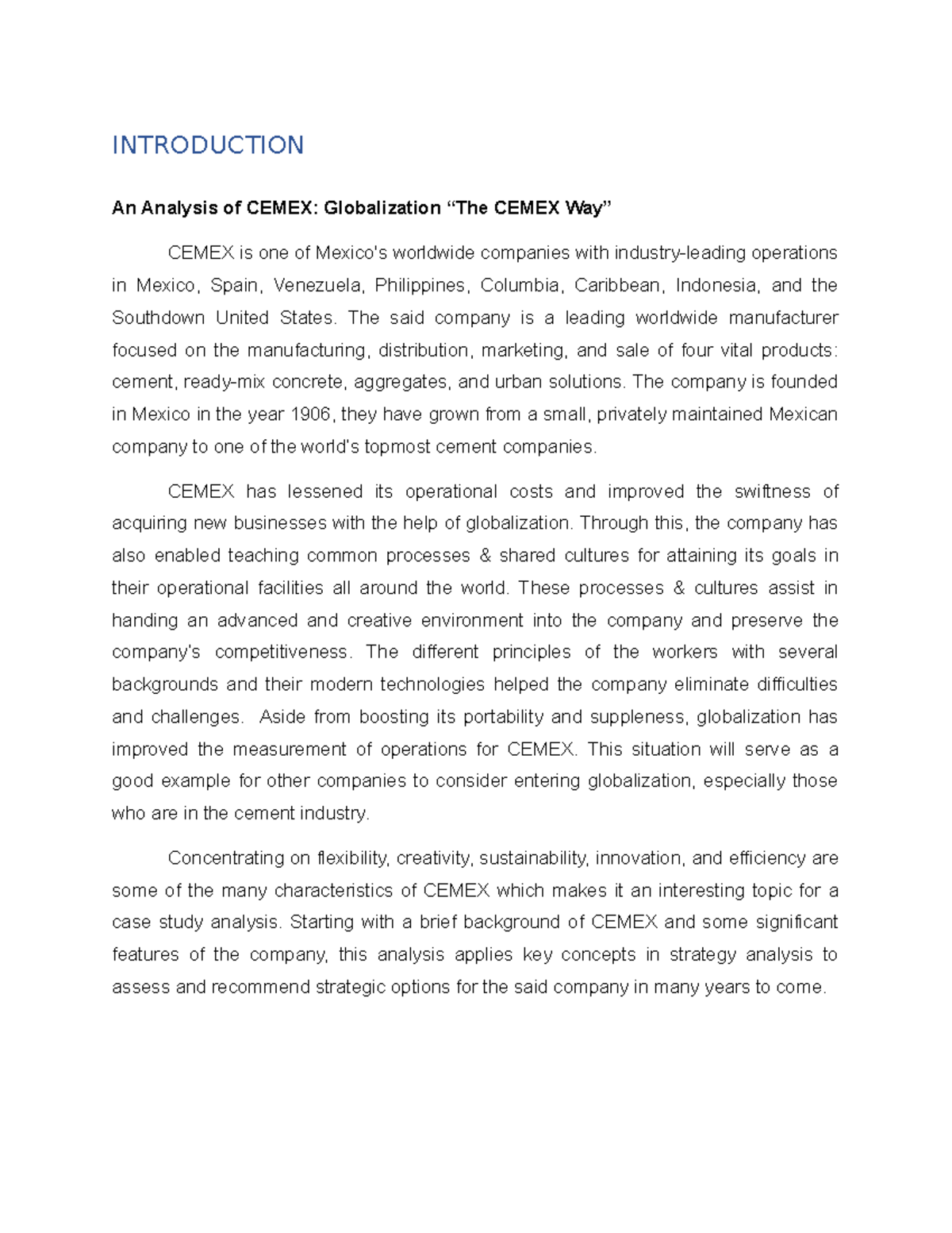 Cemex-BOX - case analysis - INTRODUCTION An Analysis of CEMEX: Globalization “The CEMEX Way ...