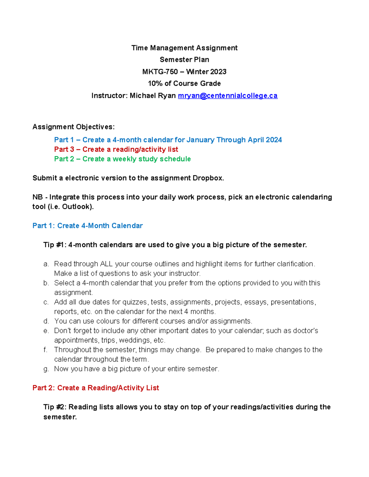 MKTG750WTime Mgmt Assign Semester Plan (1) (4) - Time Management ...