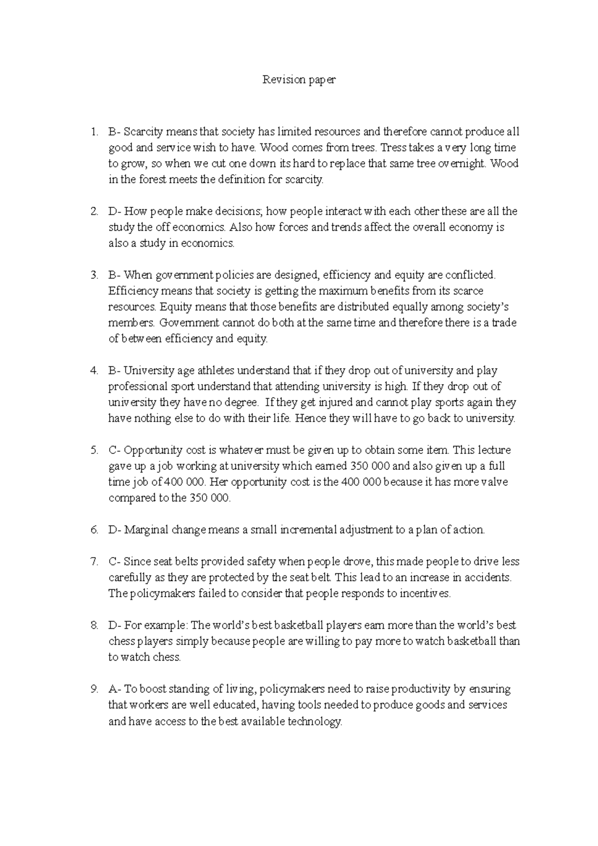 Econ revision test 2019 revision paper - Revision paper B- Scarcity ...