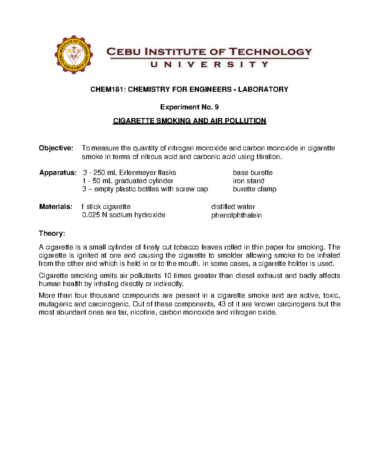 CHEM 181.Experiment 9 - Chem181 cigarette smoking and air pollution ...