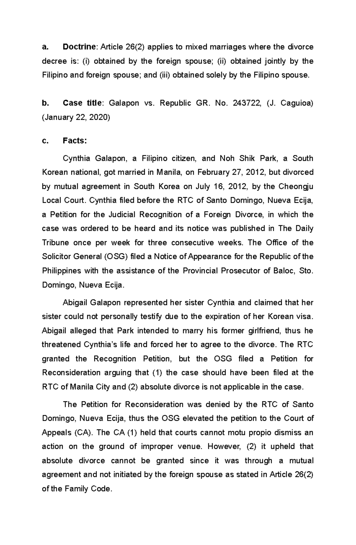 CD2 - CASE DIGEST FOR CIVIL LAW - a. Doctrine: Article 26(2) applies to ...