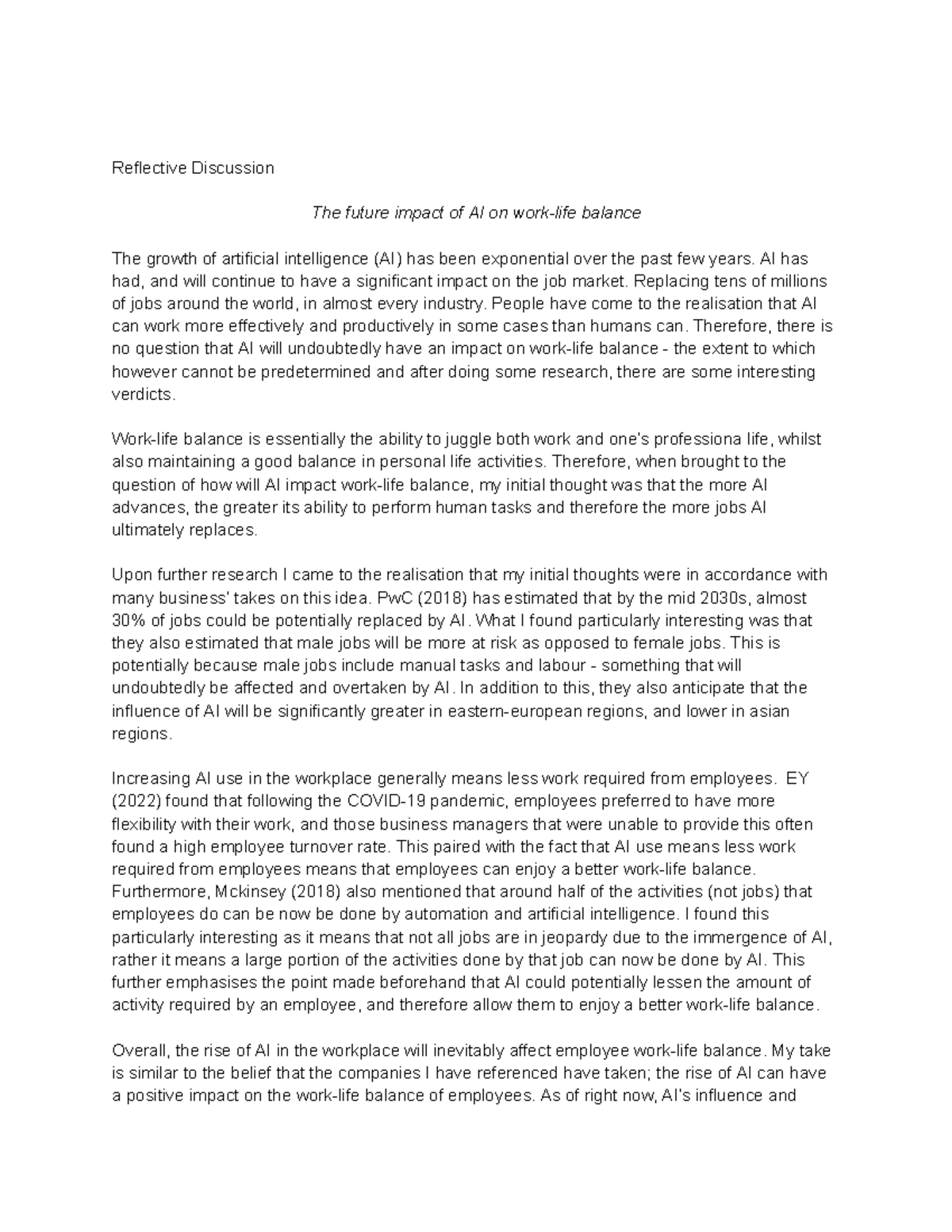 BUS 202 - Assignment 1 - Reflective Discussion The future impact of AI ...