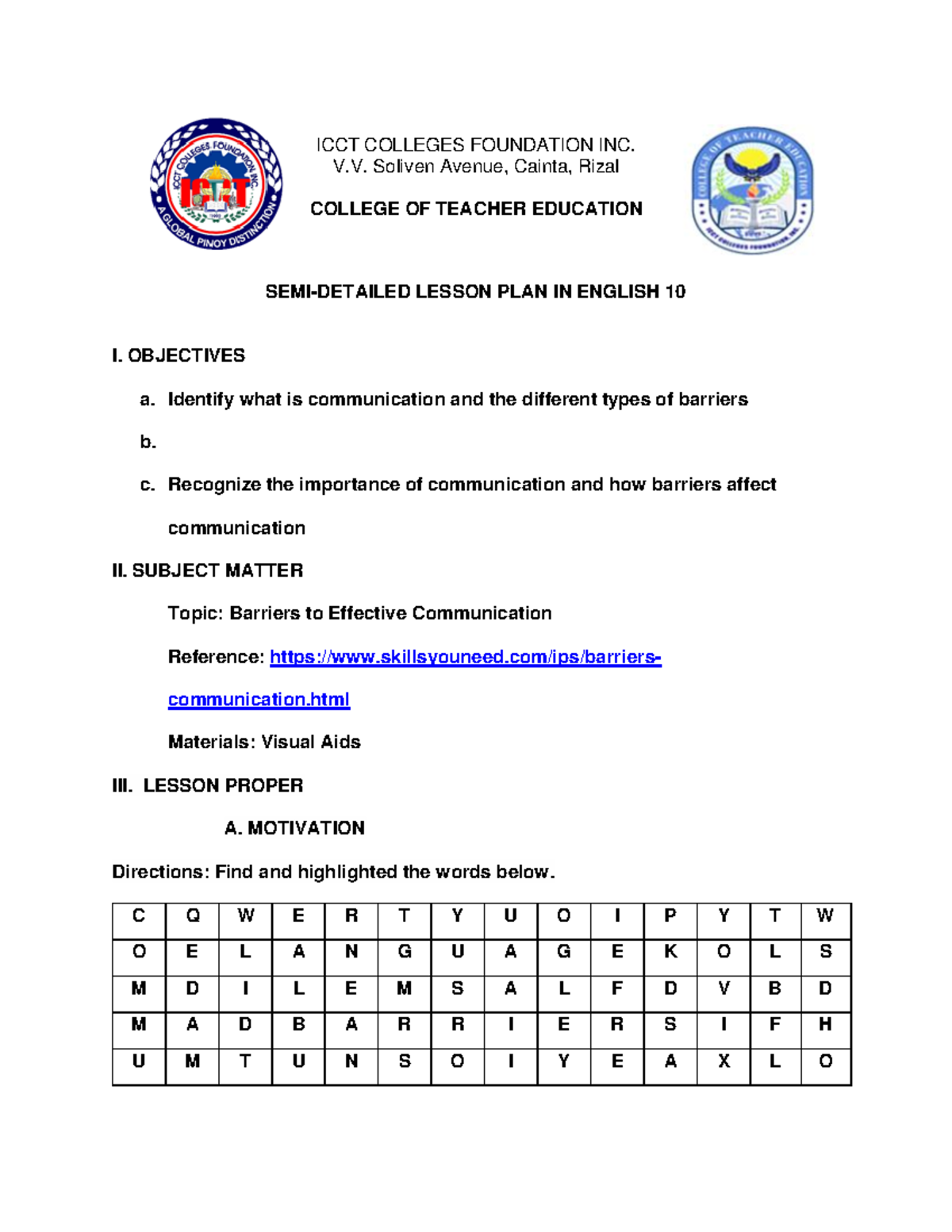 Lesson-PLAN-19 - yes ahuh - ICCT COLLEGES FOUNDATION INC. V. Soliven ...
