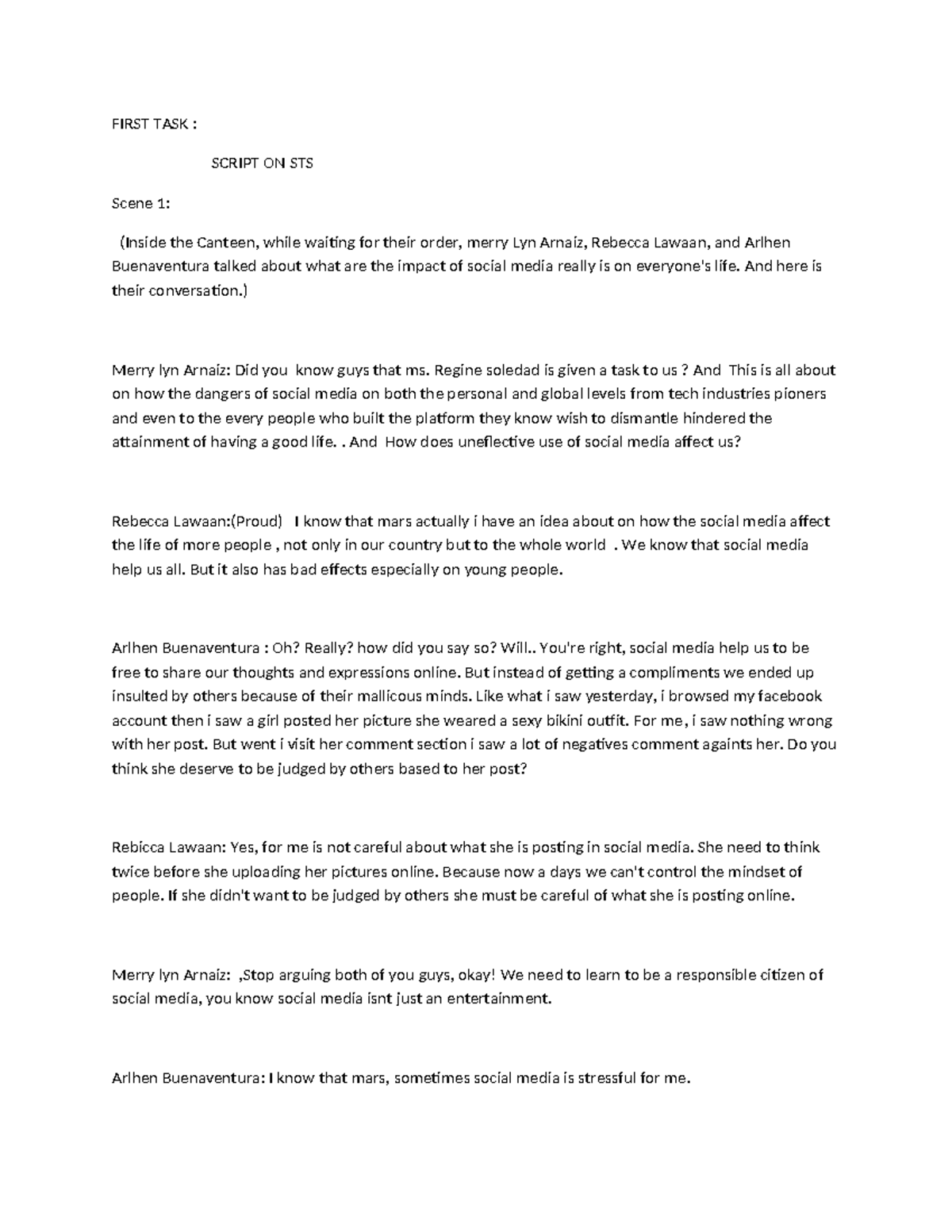 First TASK script sts-WPS Office - FIRST TASK : SCRIPT ON STS Scene 1: (Inside the Canteen ...