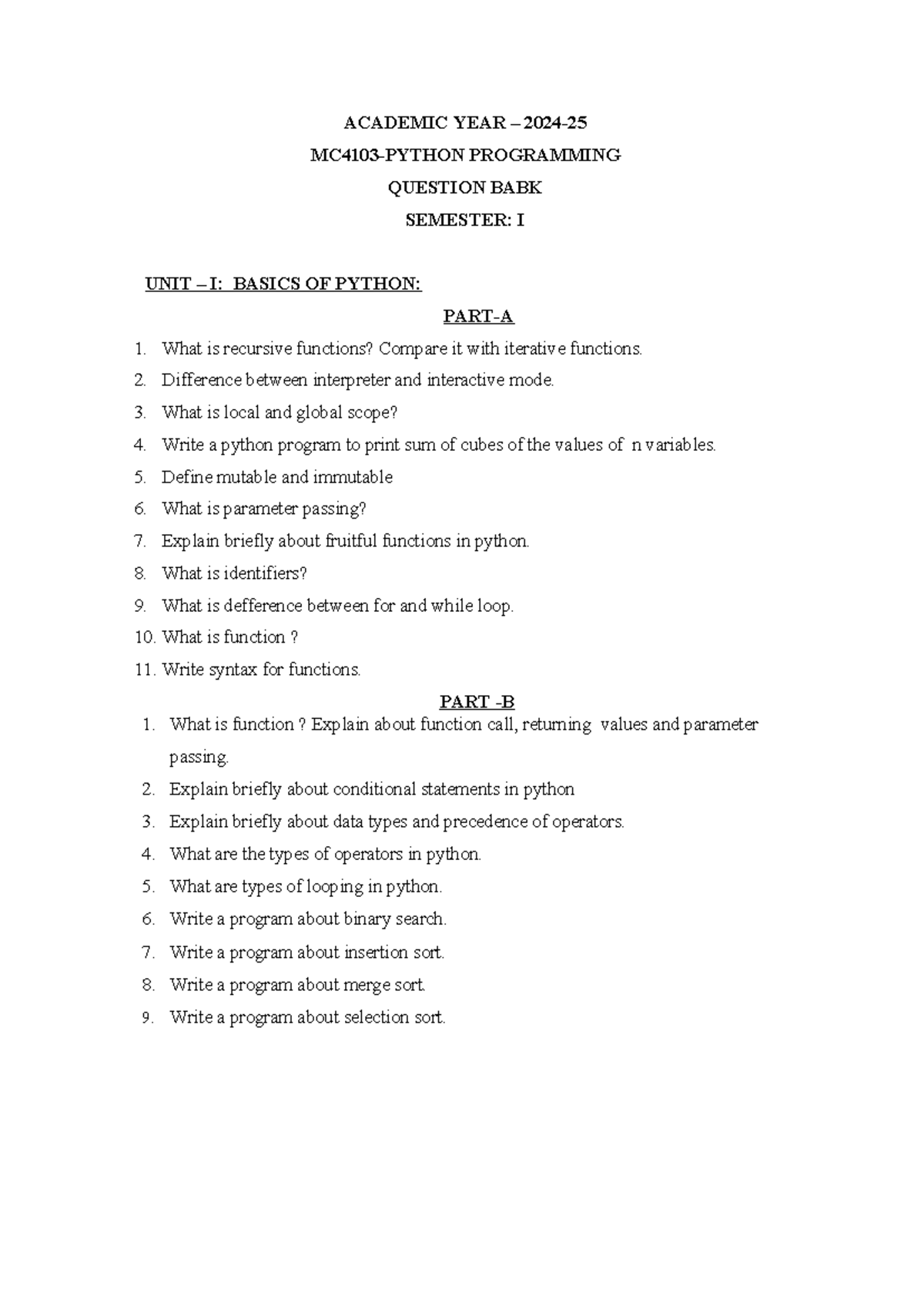 Python unit 1 & 2 Questtion Bank - ACADEMIC YEAR – 2024- MC4103-PYTHON PROGRAMMING QUESTION BABK ...