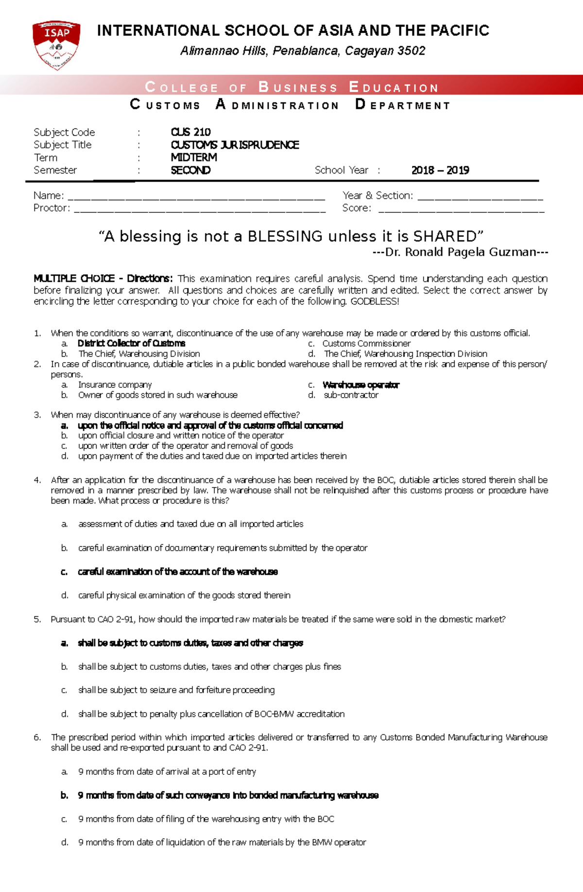 Exam 10 April 2019, questions and answers - INTERNATIONAL SCHOOL OF ...