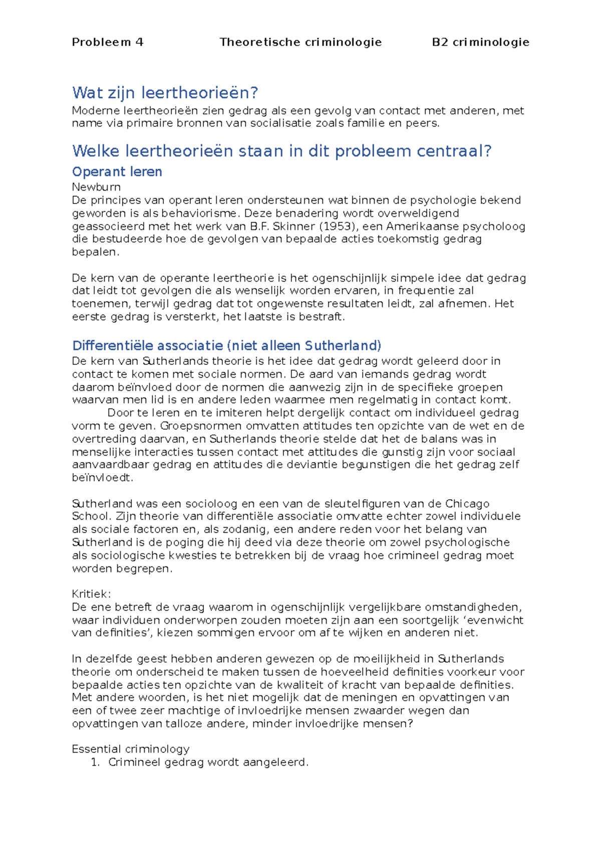 Wat zijn leertheorieën - Probleem 4 Theoretische criminologie B2 ...
