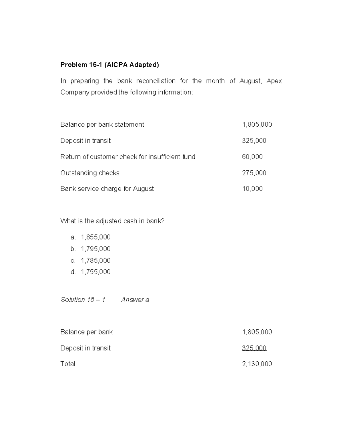 Pdfcoffee - practical accounting. - Problem 15-1 (AICPA Adapted) In preparing the bank - Studocu