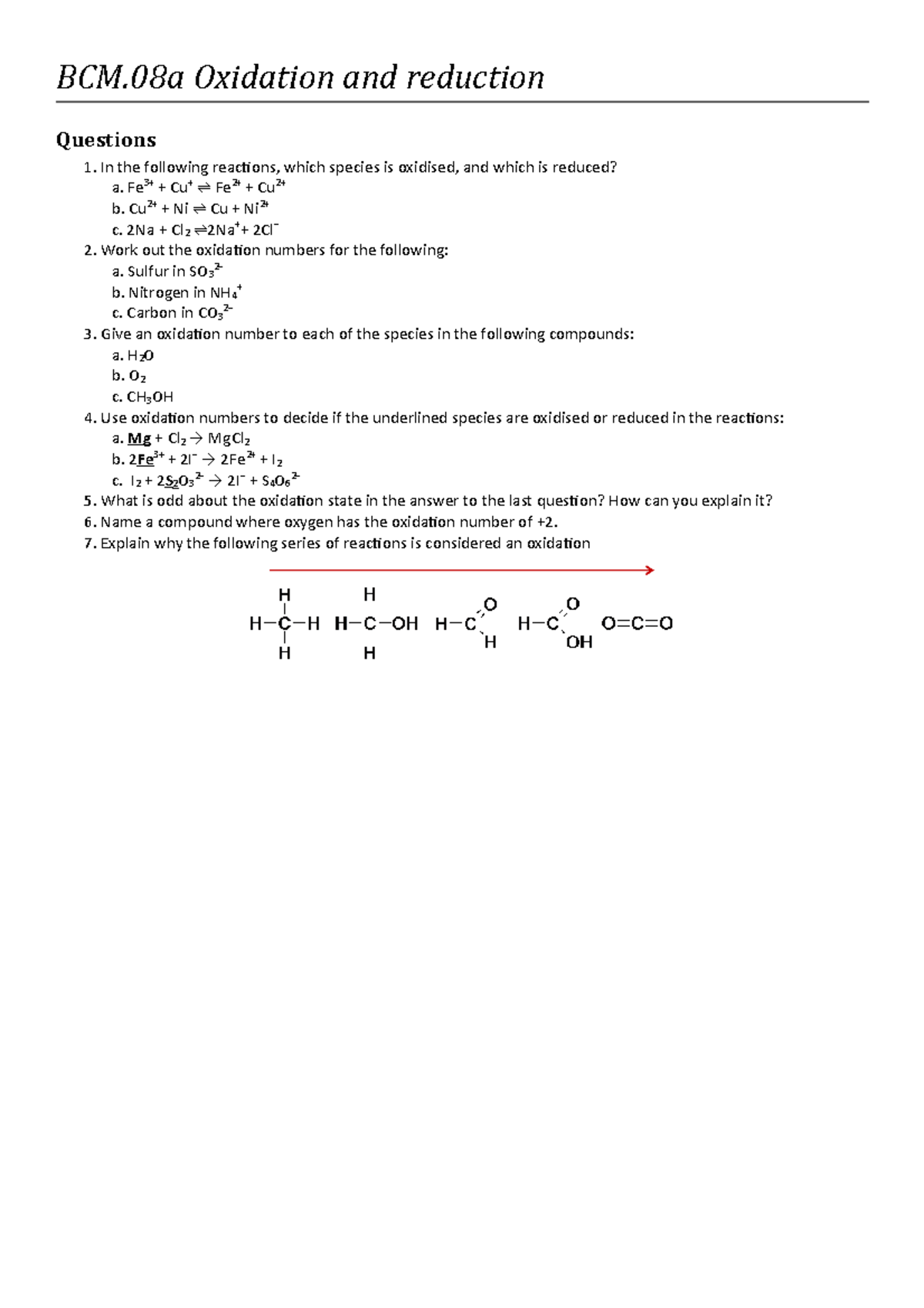 oxidation and reduction worksheet - BCM Oxidation and reduction ...