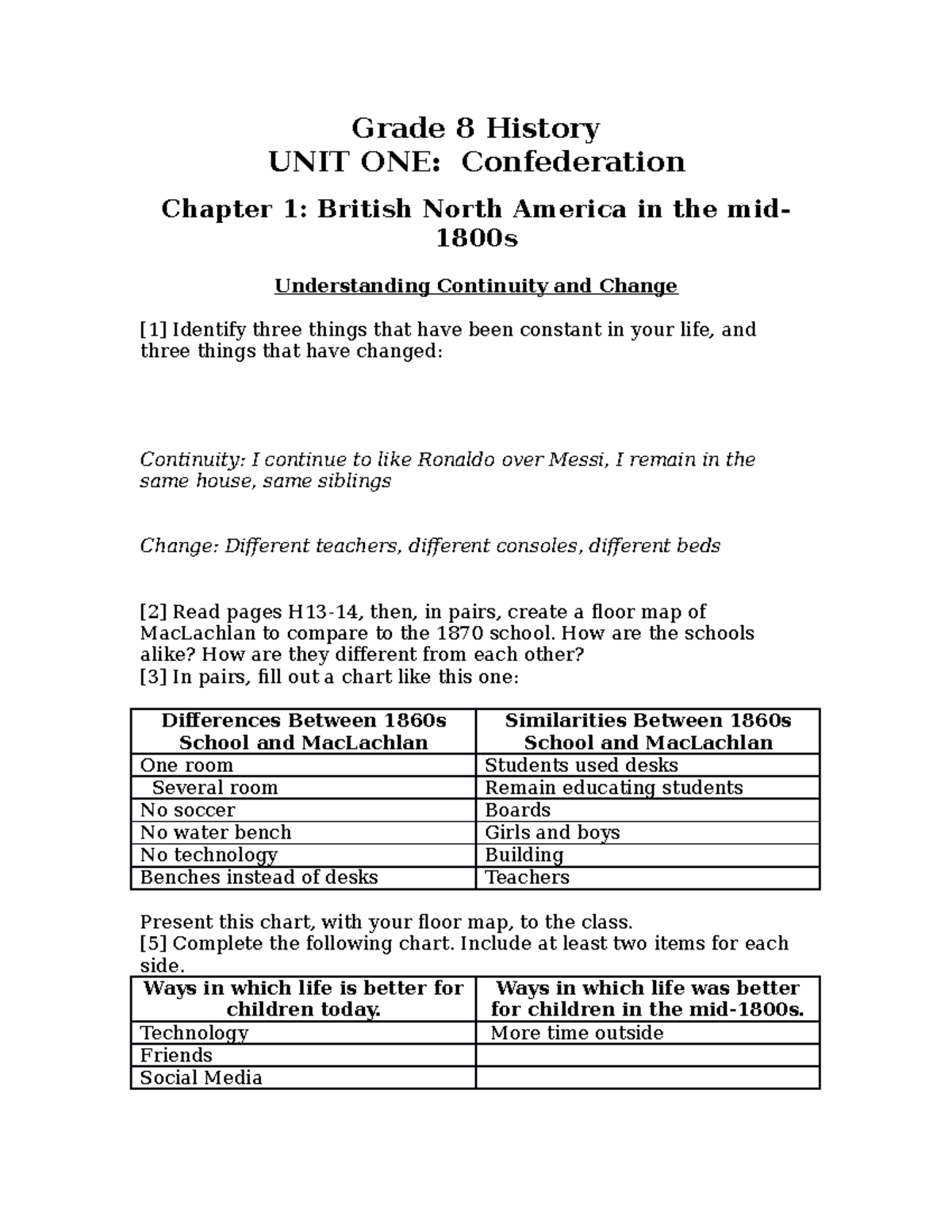 B - Continuity and Change - Grade 8 History UNIT ONE: Confederation ...