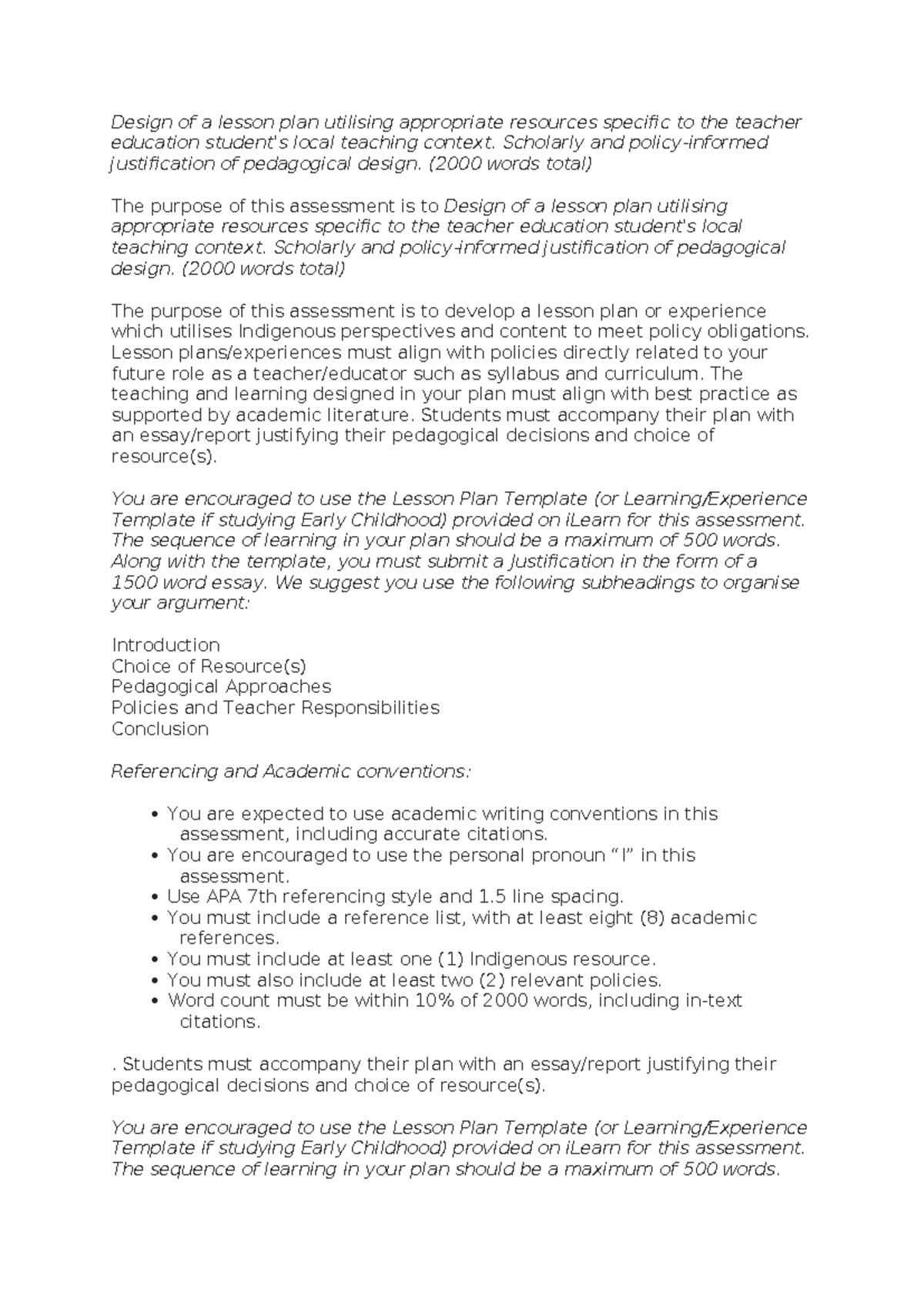 Indigenous unit plan - task instructions - Design of a lesson plan ...