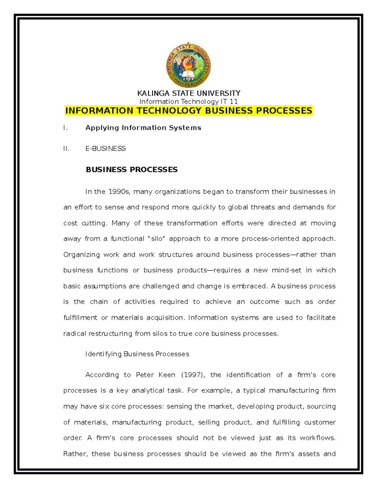 Information Technology Business Processes - KALINGA STATE UNIVERSITY ...