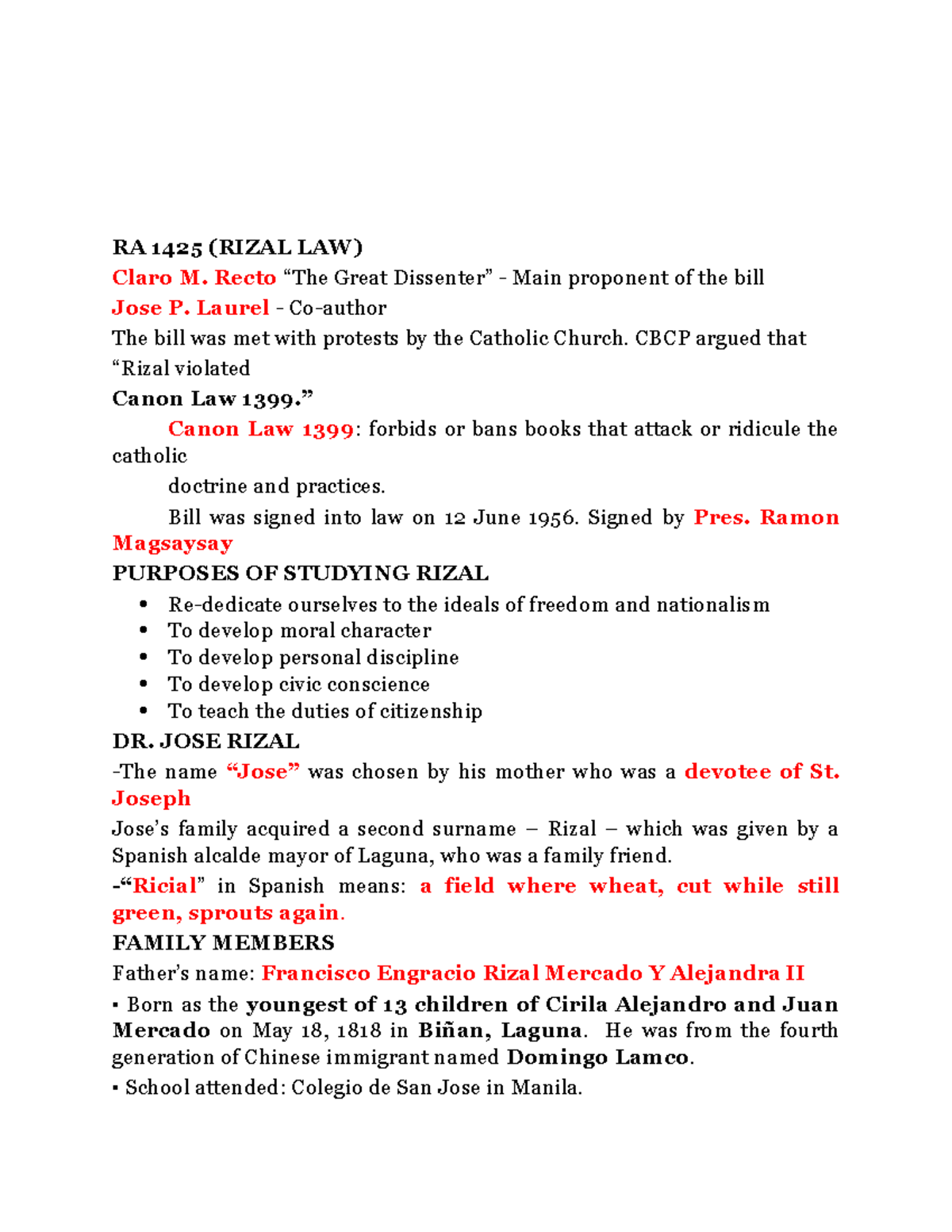 Rizal Notes - RA 1425 (RIZAL LAW) Claro M. Recto “The Great Dissenter ...