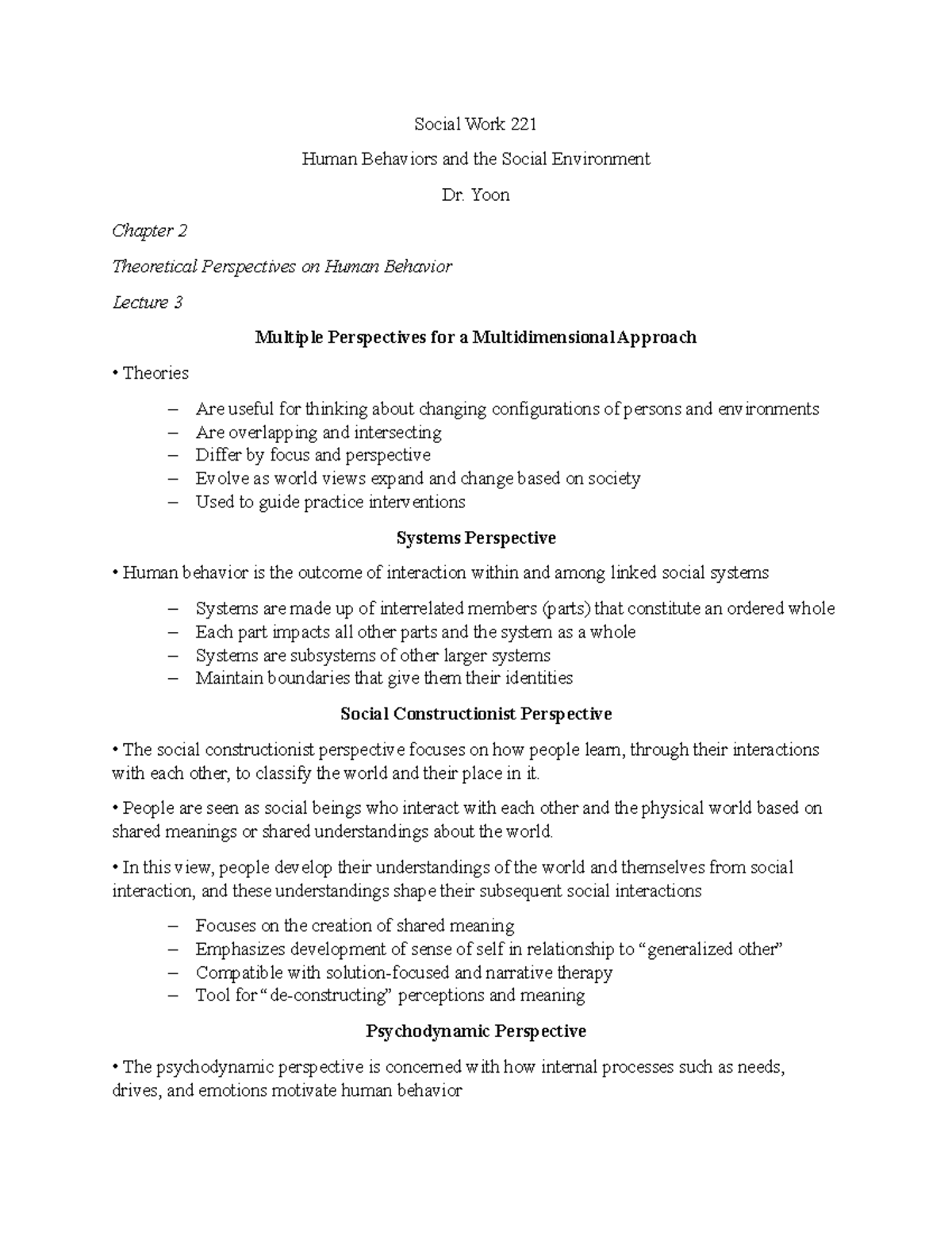 Social Work 221 lecture 3 notes - Social Work 221 Human Behaviors and ...