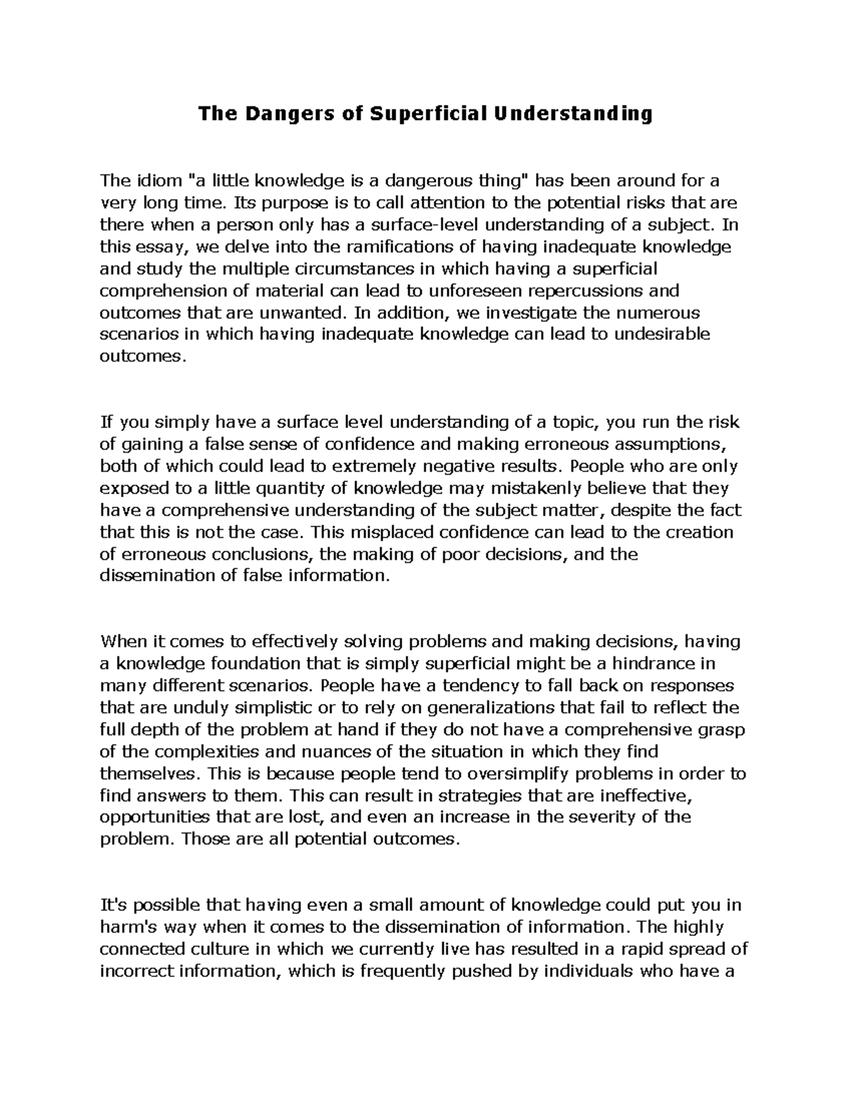 The Dangers of Superficial Understanding (Essay) - The Dangers of ...