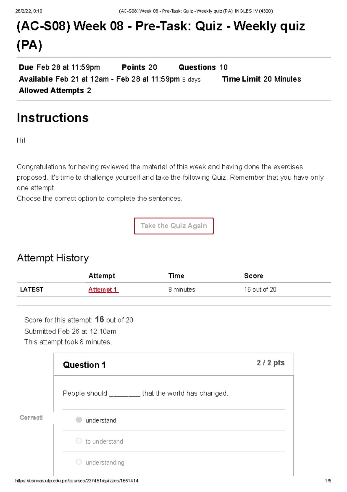 (AC-S08) Week 08 - Pre-Task Quiz - Weekly quiz (PA) Ingles IV (4320 ...