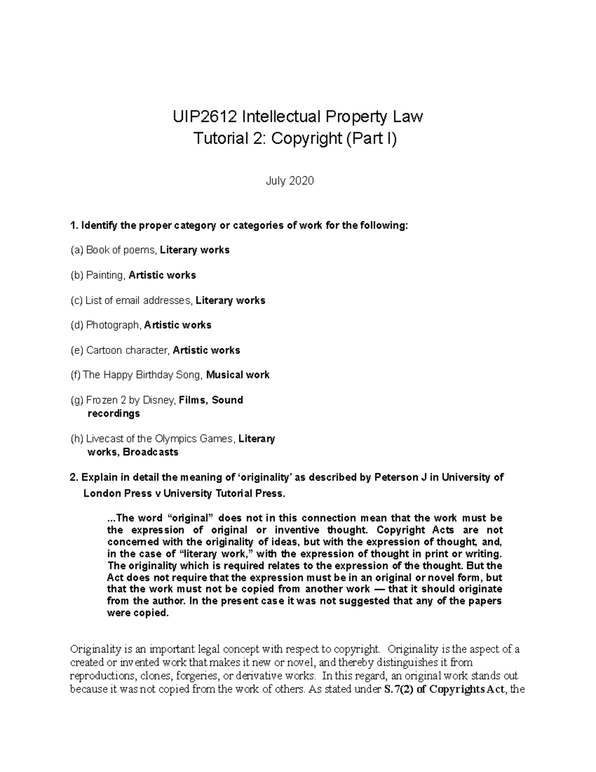 UIP2612 - Tutorial 2 (Copyright I) - UIP2612 Intellectual Property Law ...