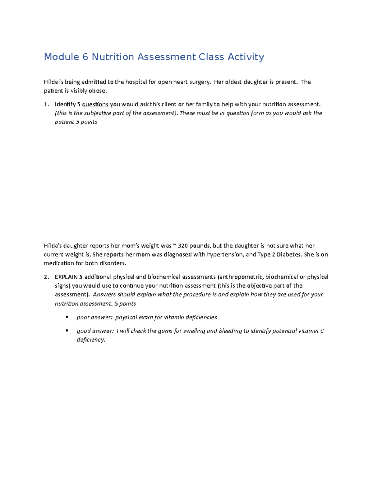 Nutrition Assessment Activity - Module 6 Nutrition Assessment Class ...
