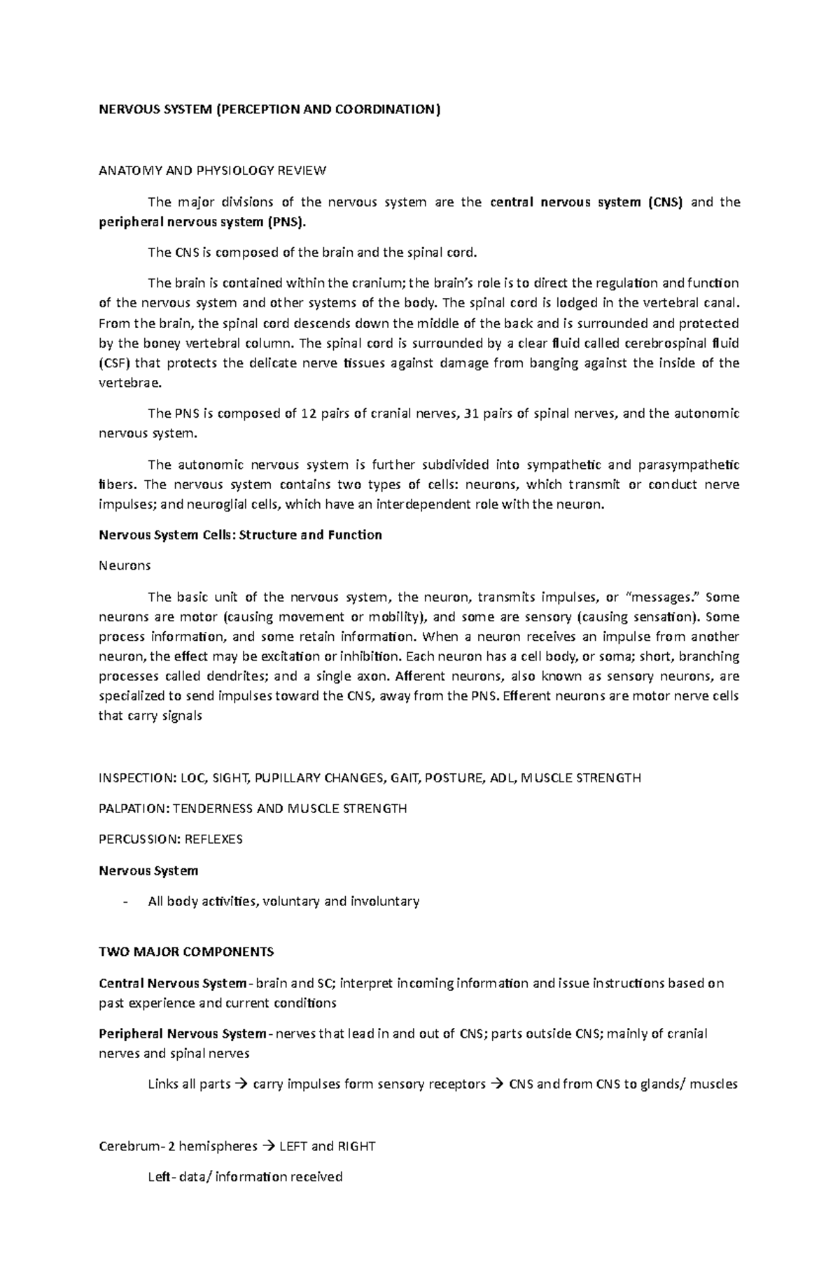 Anatomy and physiology lecture notes -> neurology - NERVOUS SYSTEM ...