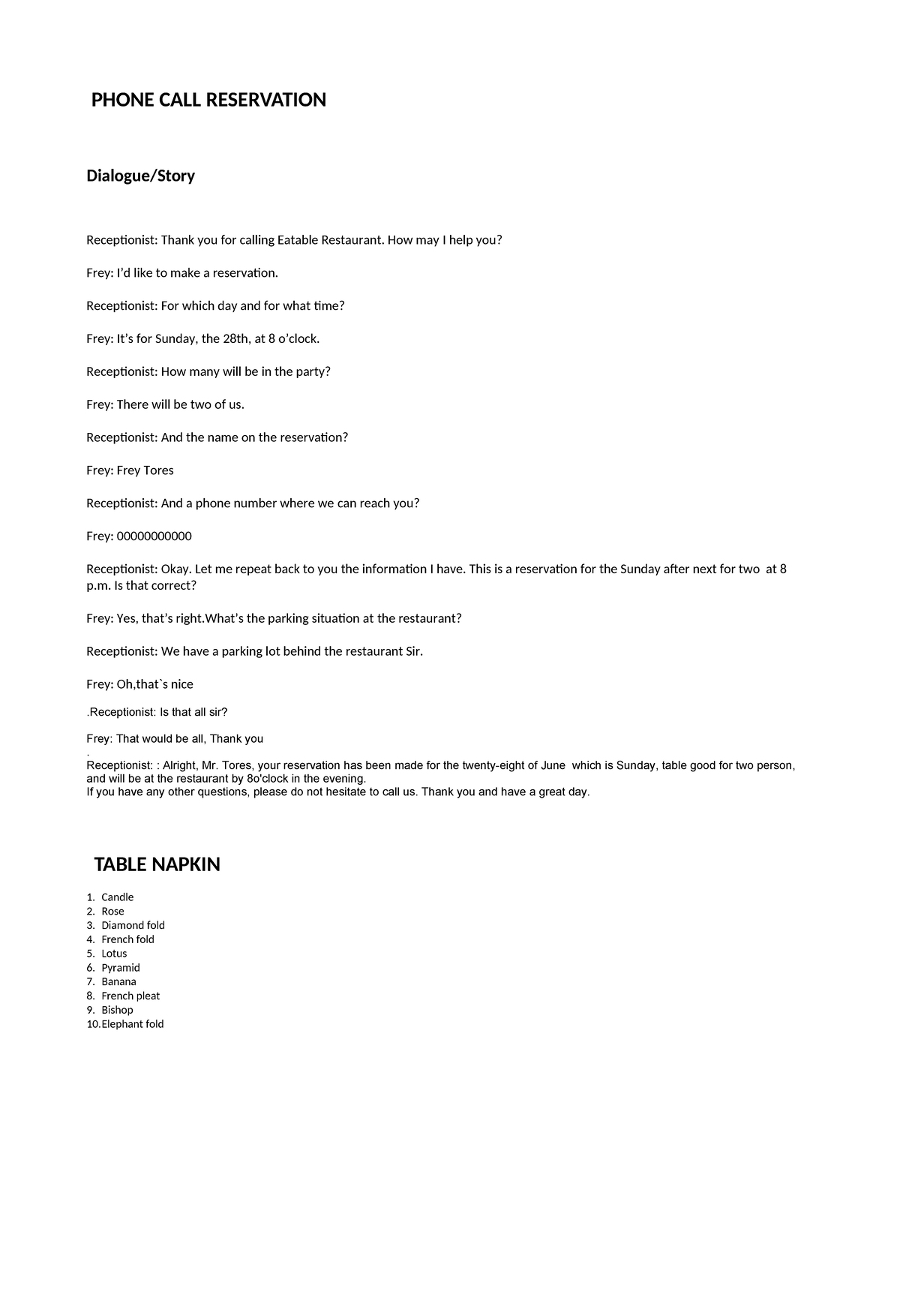 Phone-CALL- Reservation - PHONE CALL RESERVATION Dialogue/Story ...