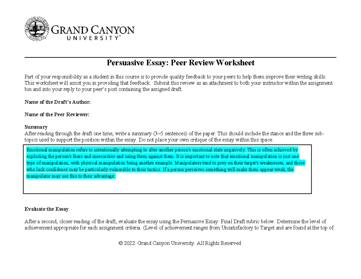 Peer Review - This worksheet will assist you in providing that feedback ...